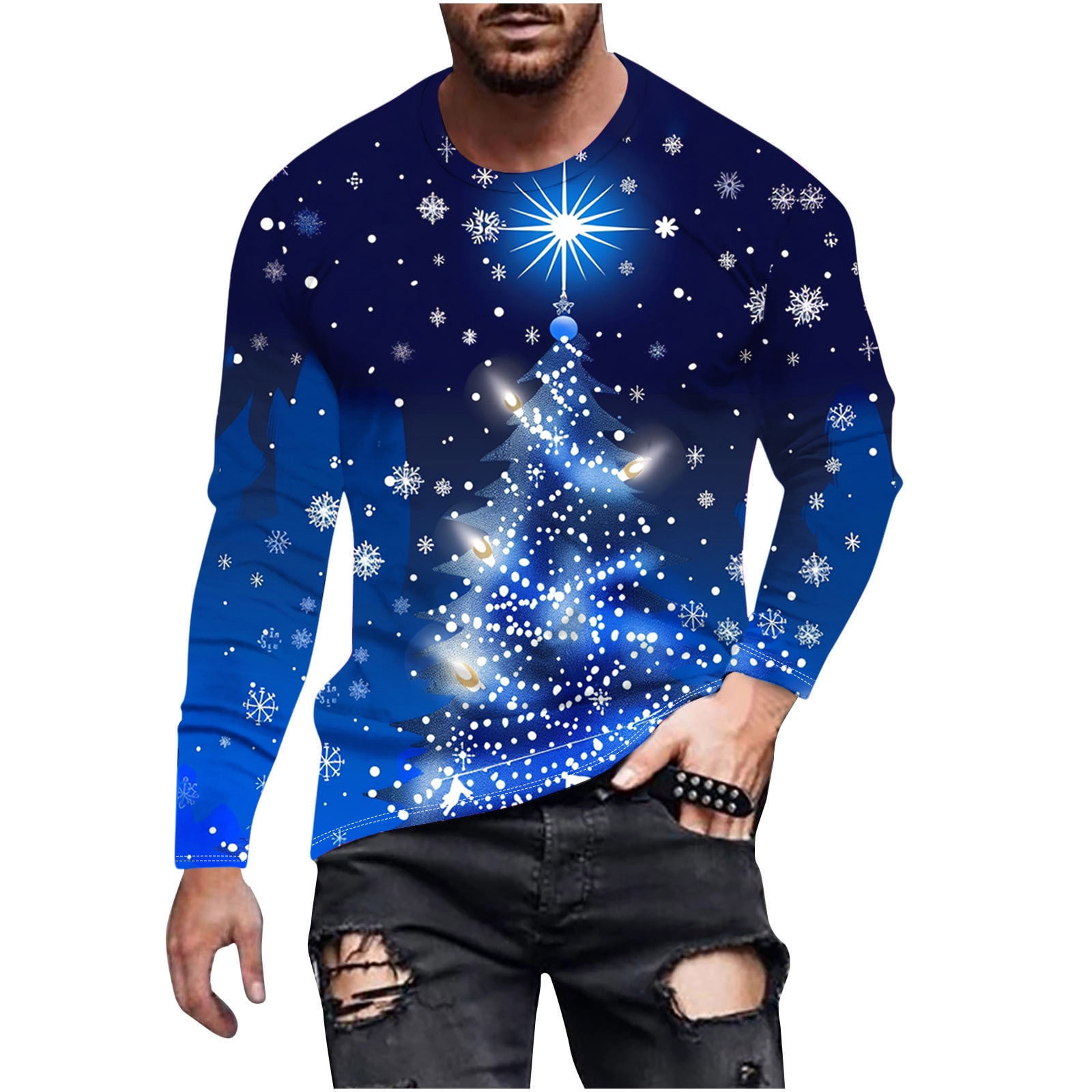 Men's Christmas T Shirts Santa Xmas Tree Print Pullover Crewneck ...