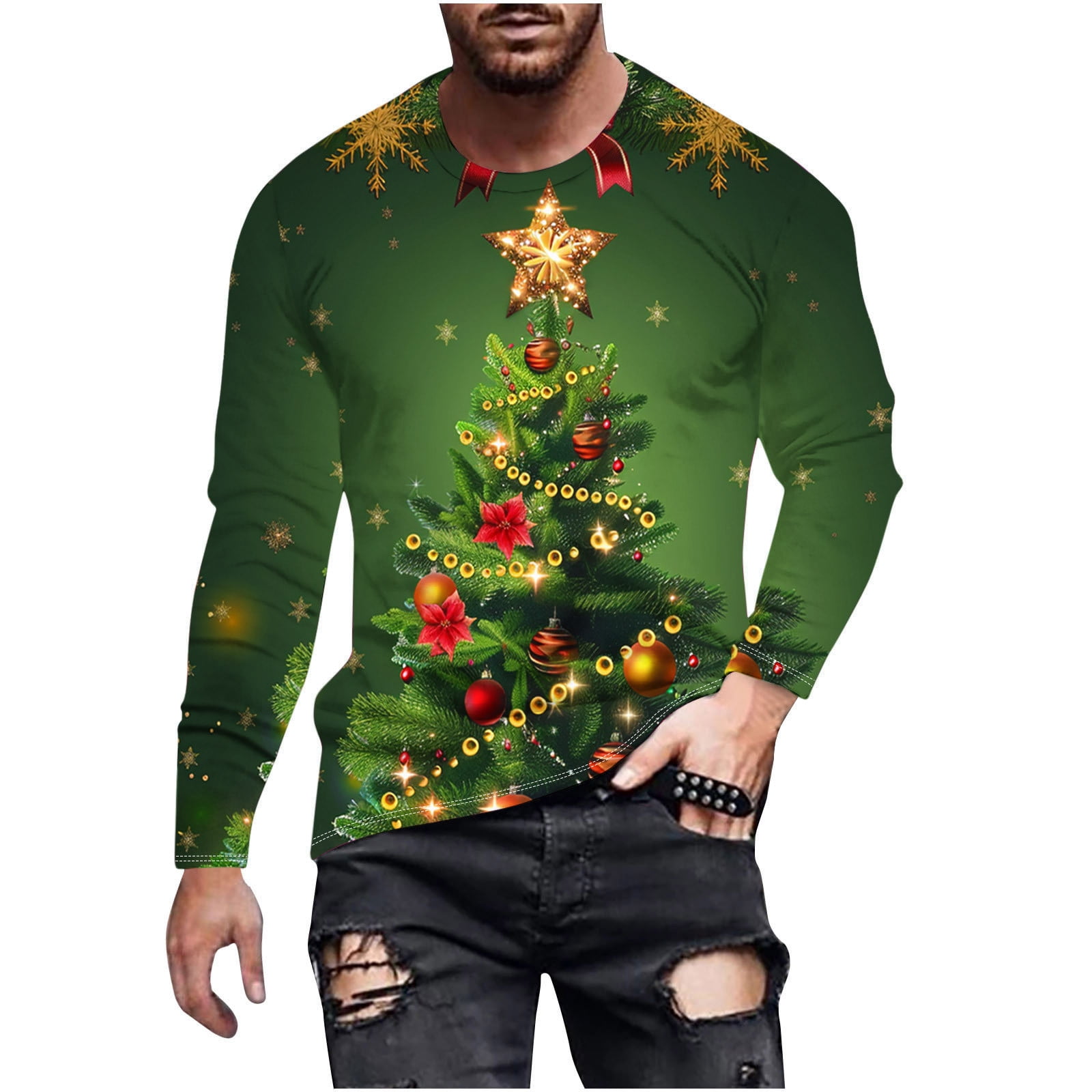 Men's Christmas T Shirts Santa Xmas Tree Print Pullover Crewneck ...