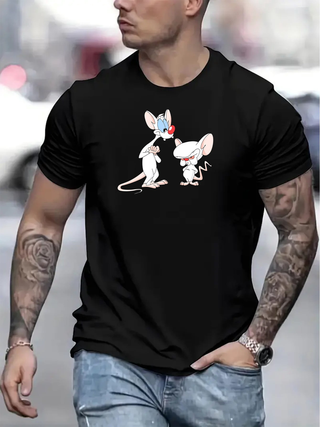 Men's Classic Crew Neck T-Shirt with Animated Mouse Duo Print | Casual ...