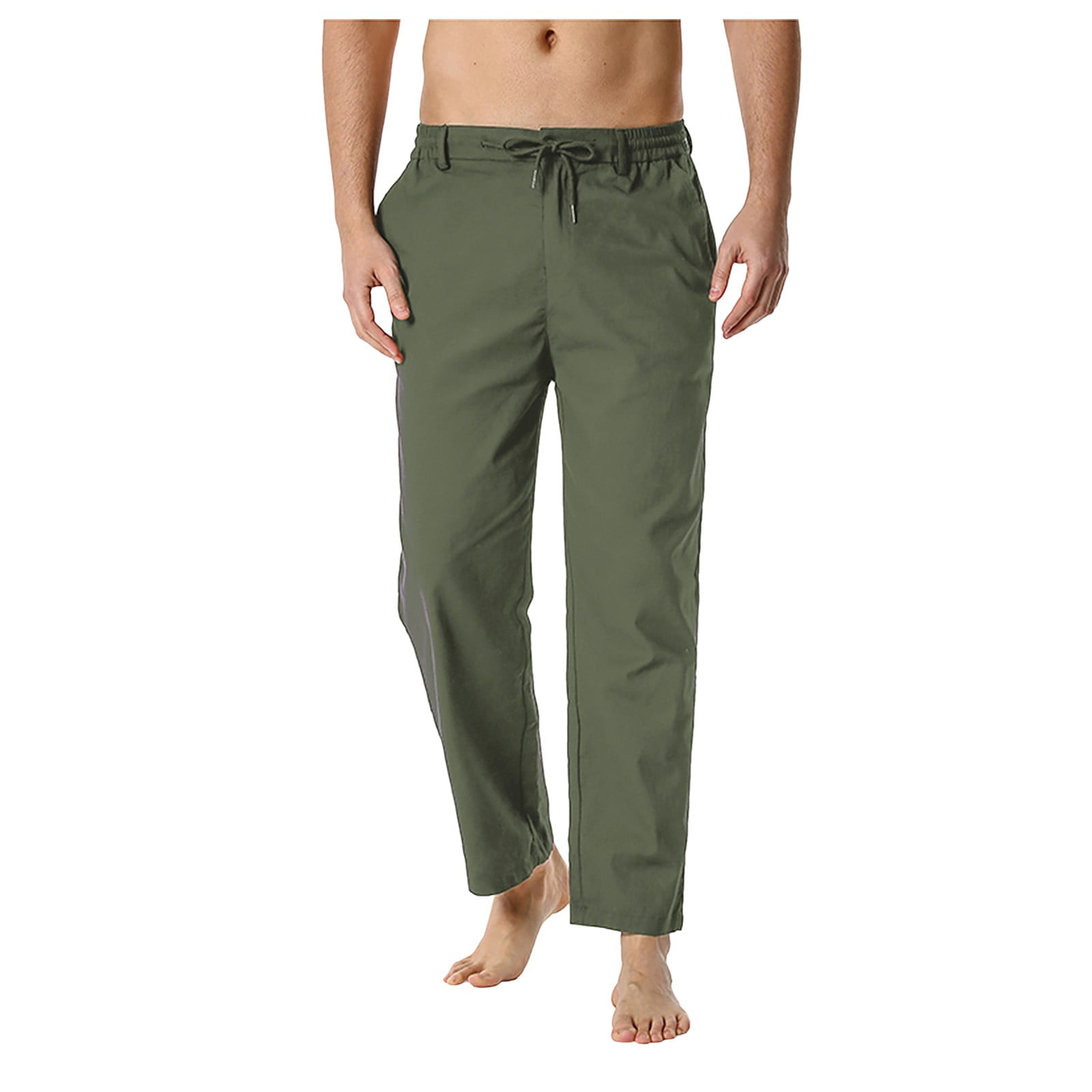 Men's Classic Fit Flat Front Linen Pants Elastic Waist Drawstring Wide ...
