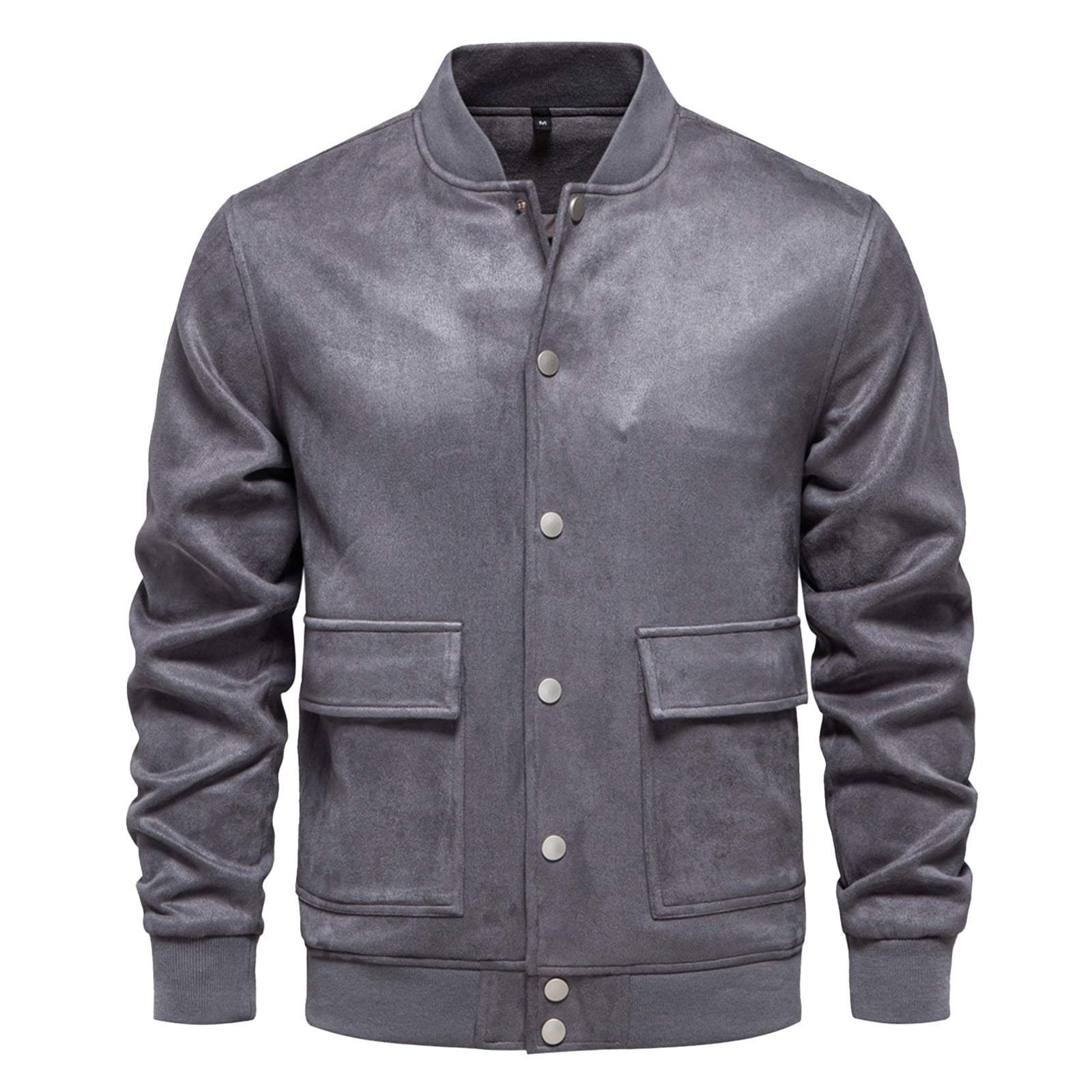 Men's Classic Grey Suede Bomber Jacket with Snap Button Closure and ...