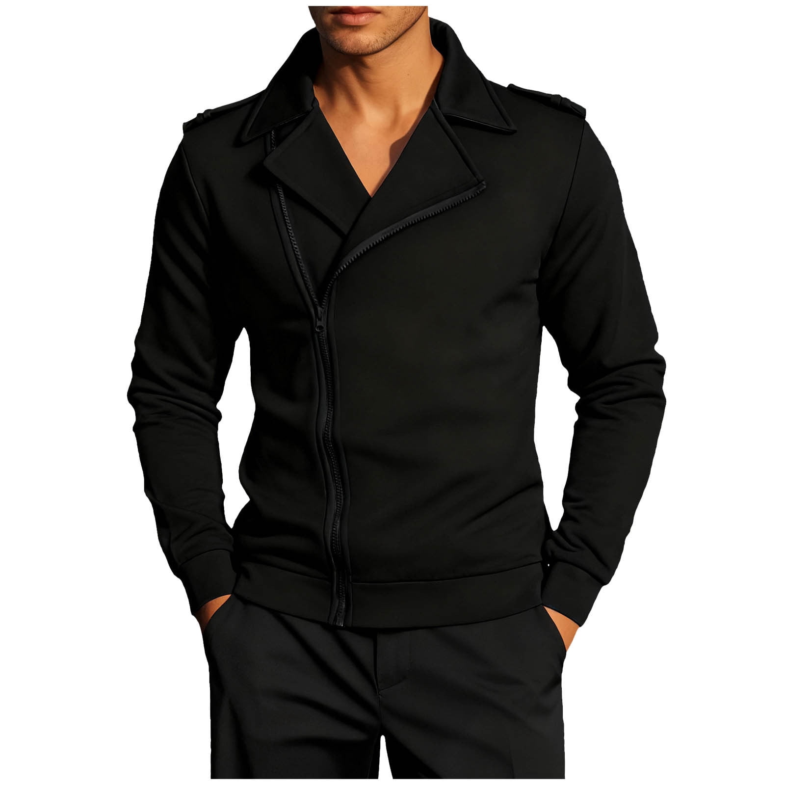 Men's Classic Pea Coat Notched Collar Zip-Up Slim Fit Winter Warm ...