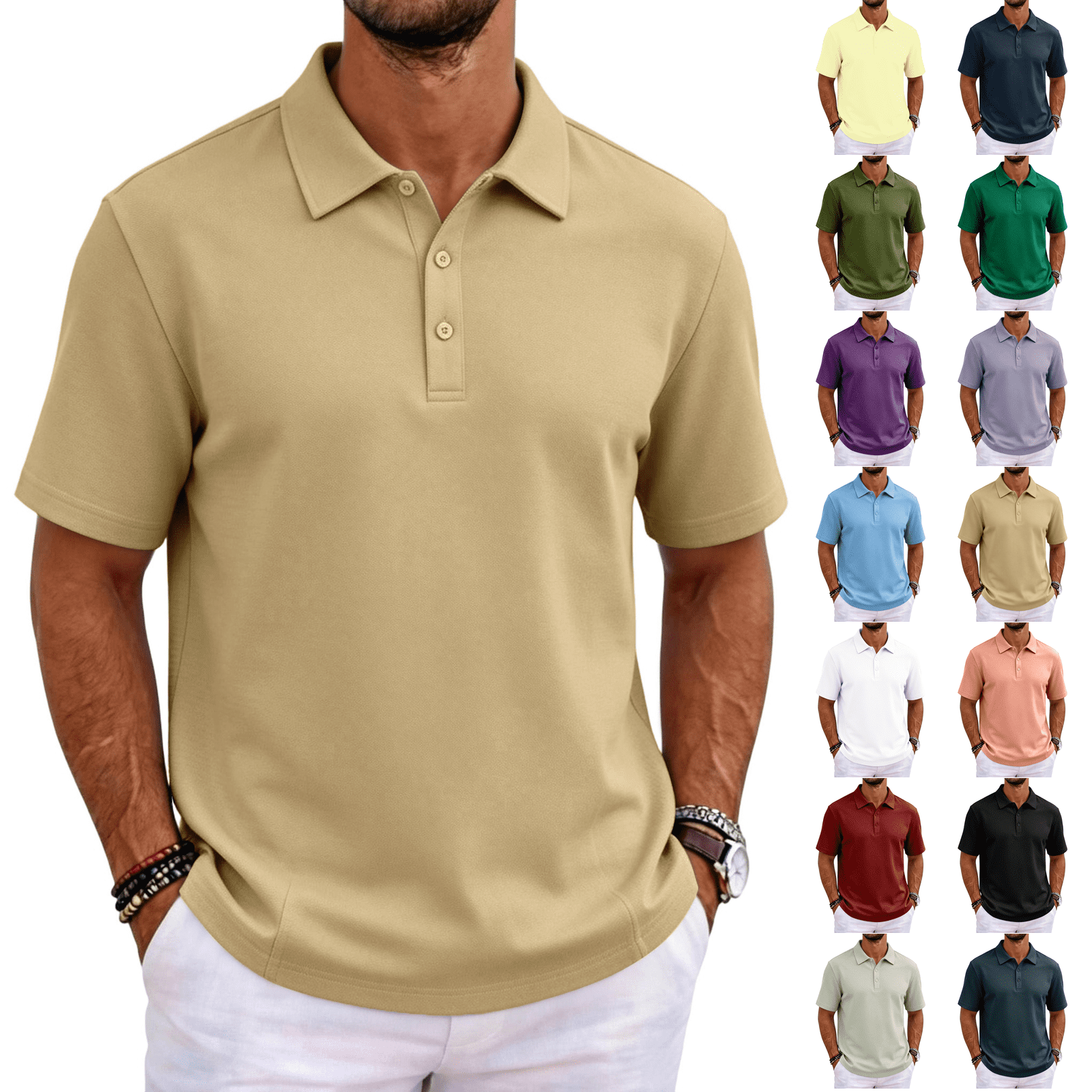 Men's Classic Polo Shirt, Three-Button Closure Pique Polo Shirt, Summer ...