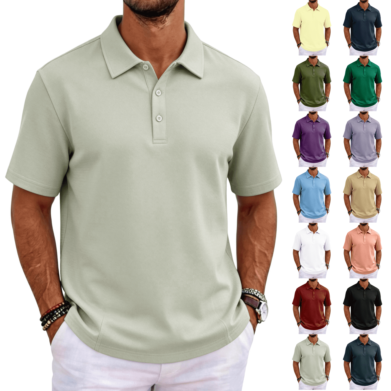 Men's Classic Polo Shirt, Three-Button Closure Pique Polo Shirt, Summer ...