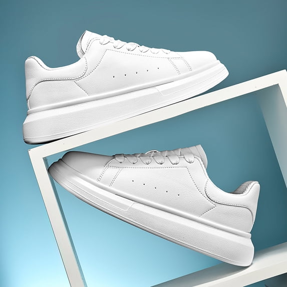 Men's Classic White Leather-Look Platform Sneakers, Lace-Up Casual ...