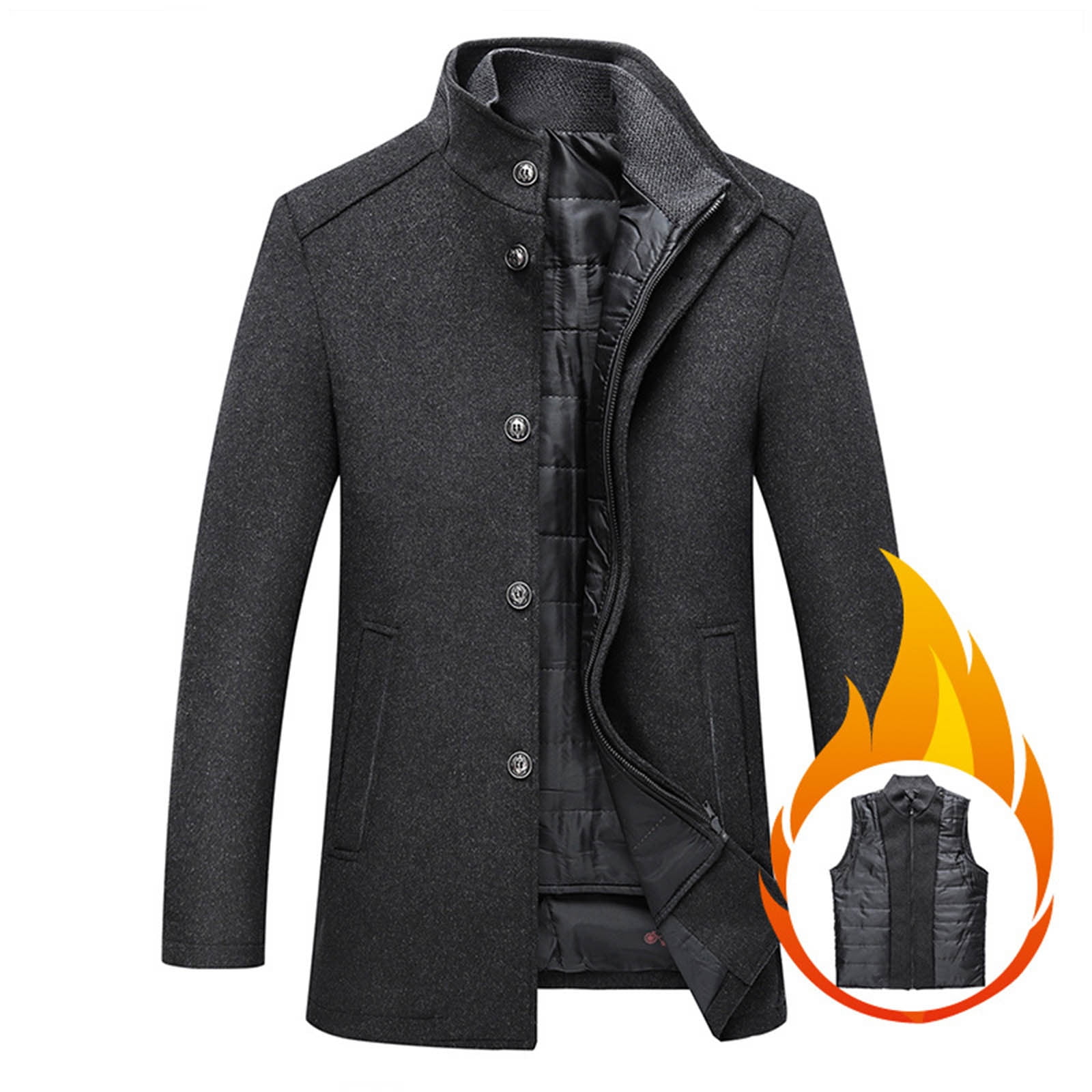 Men's Coat Warm Winter Jacket Mid Length Casual Stand Collar Solid ...