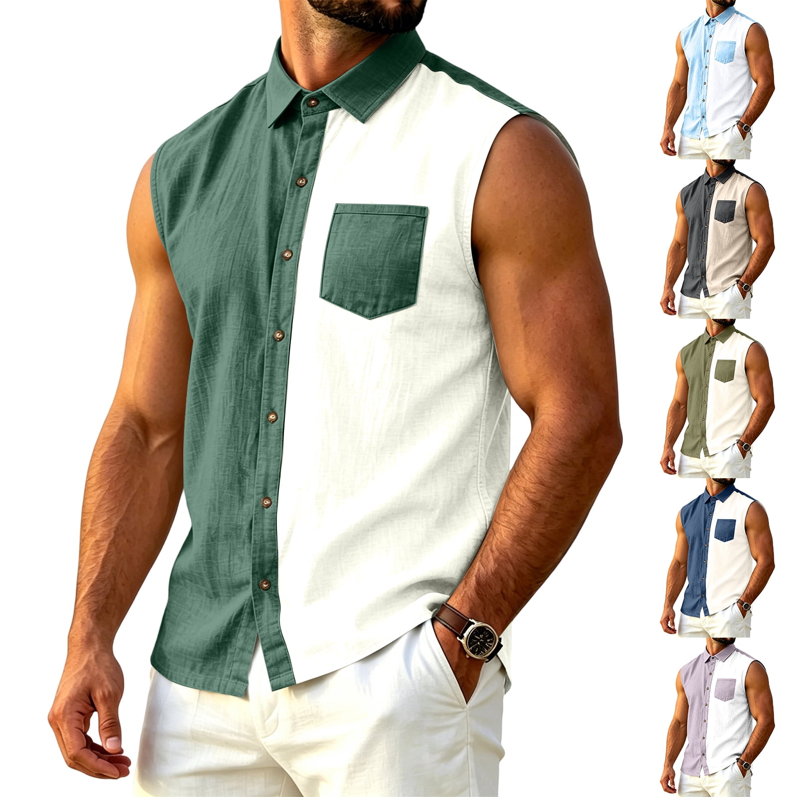 Men's Color Block Sleeveless Button Down Shirt - Linen-Feel Muscle Fit ...