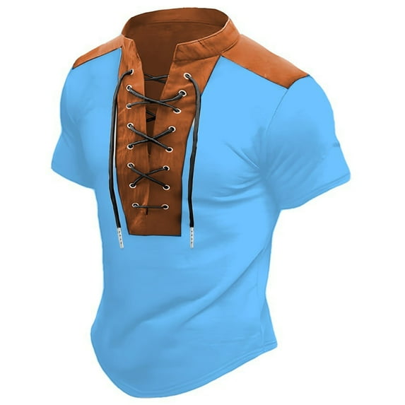 Men's Color Block T-Shirt， Stand Collar， Loose Fit Casual Short Sleeve ...