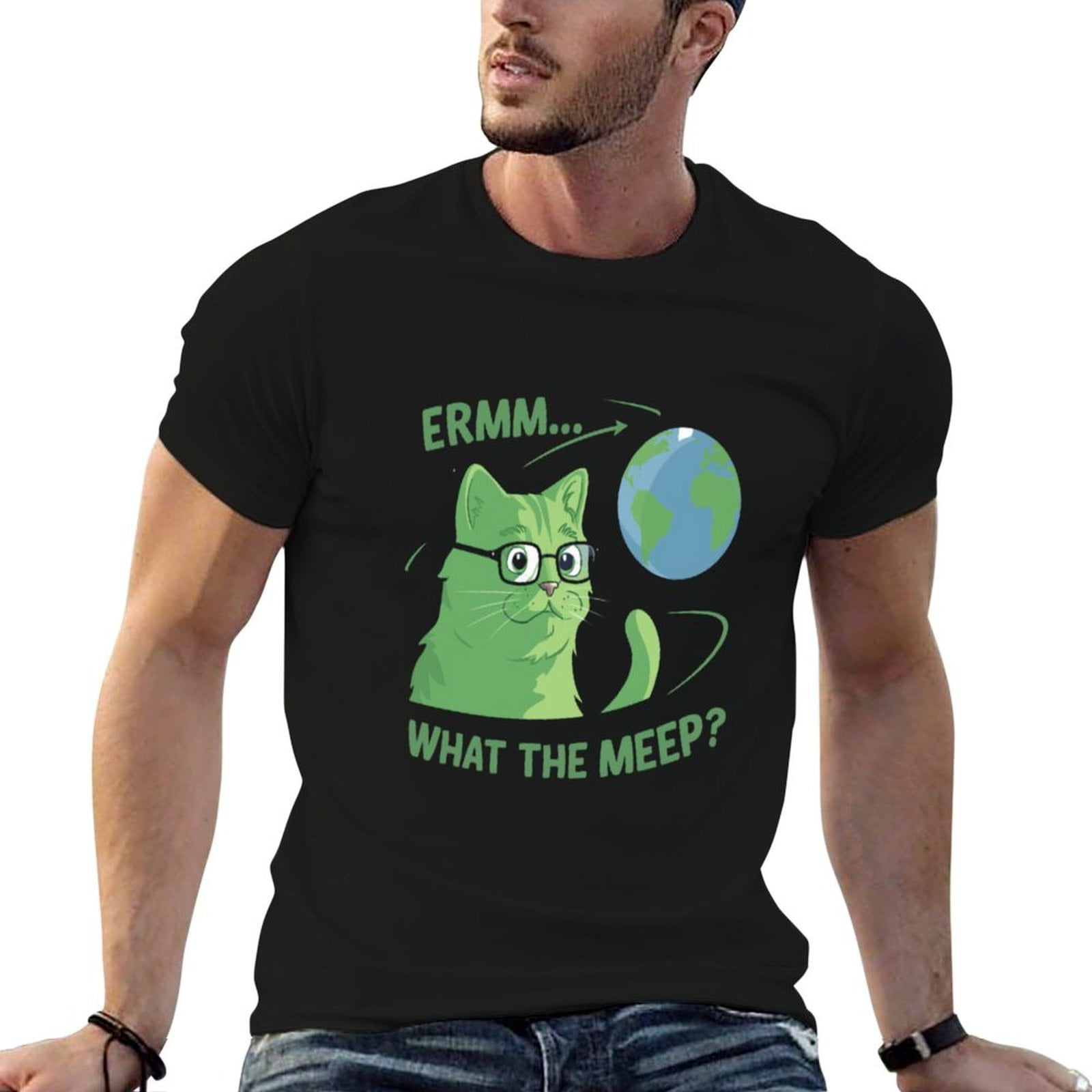 Men's Comfy Short Sleeve Crew Neck Tee -What The Meep Funny Alien Cat ...
