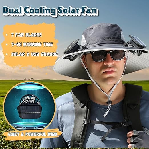 Men’s Cooling Sun Hat with Dual Fans, Solar & USB Powered Wide Brim ...