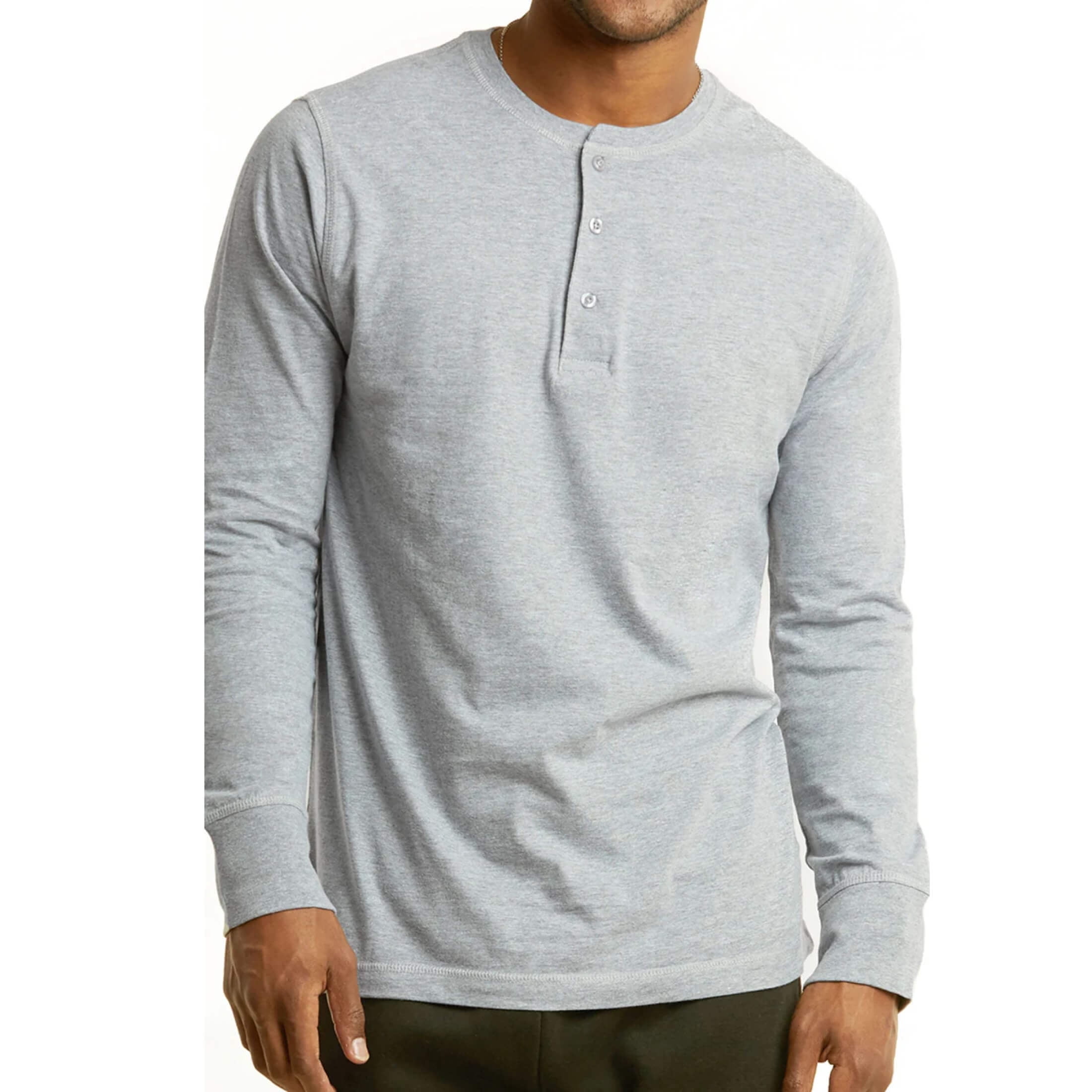 Mens Cotton Crew Neck Long Sleeve Henley Shirt T Shirts Heather Grey
