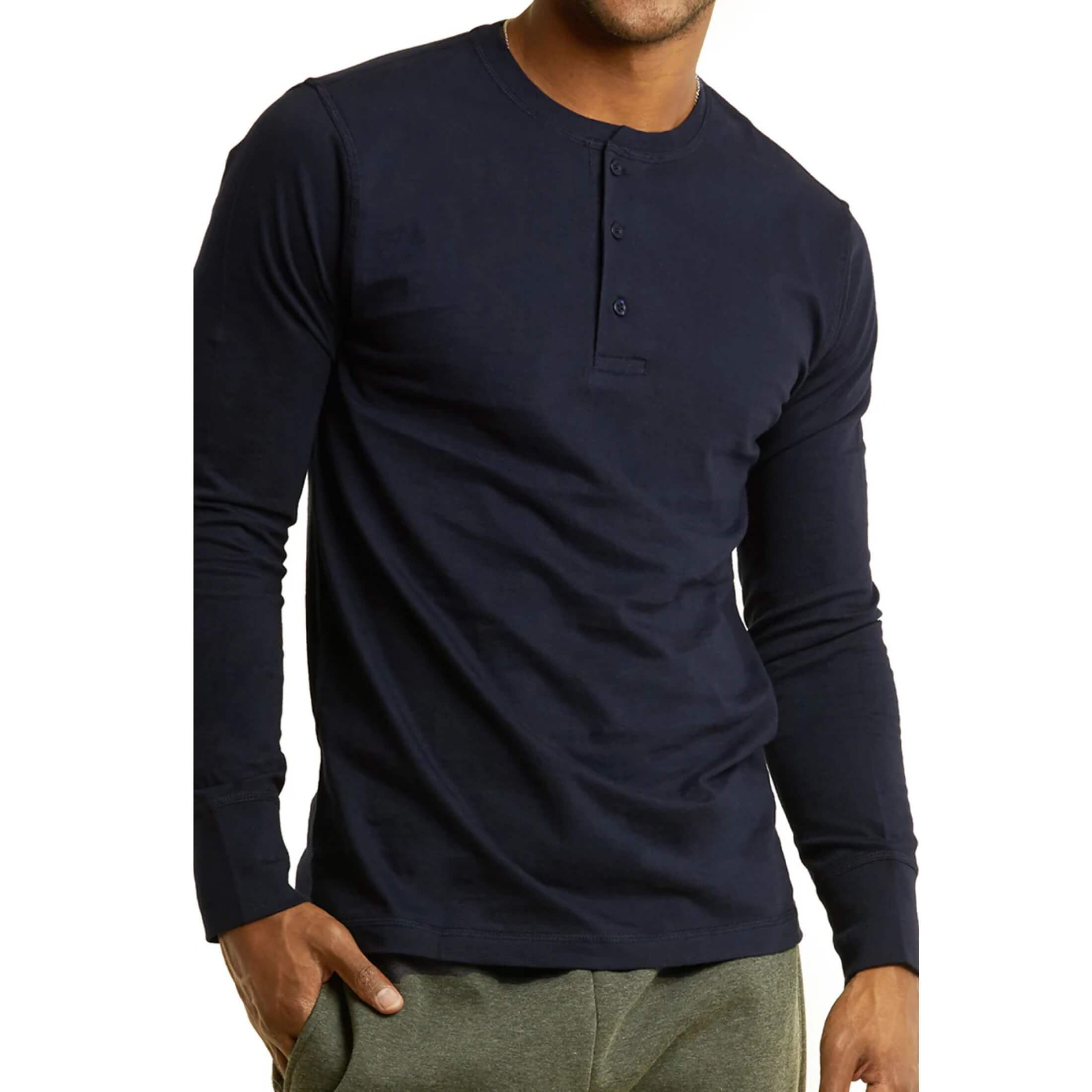 Men's Cotton Crew Neck Long Sleeve Henley Shirt/T Shirts, Navy L, 1 Pack - Walmart.com
