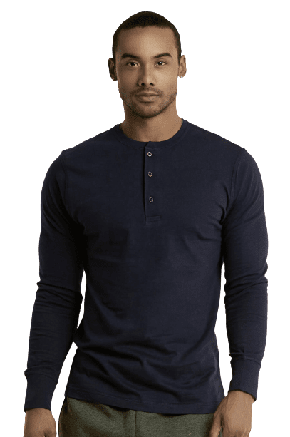 Mens Cotton Crew Neck Long Sleeve Henley Shirt T Shirts Navy M