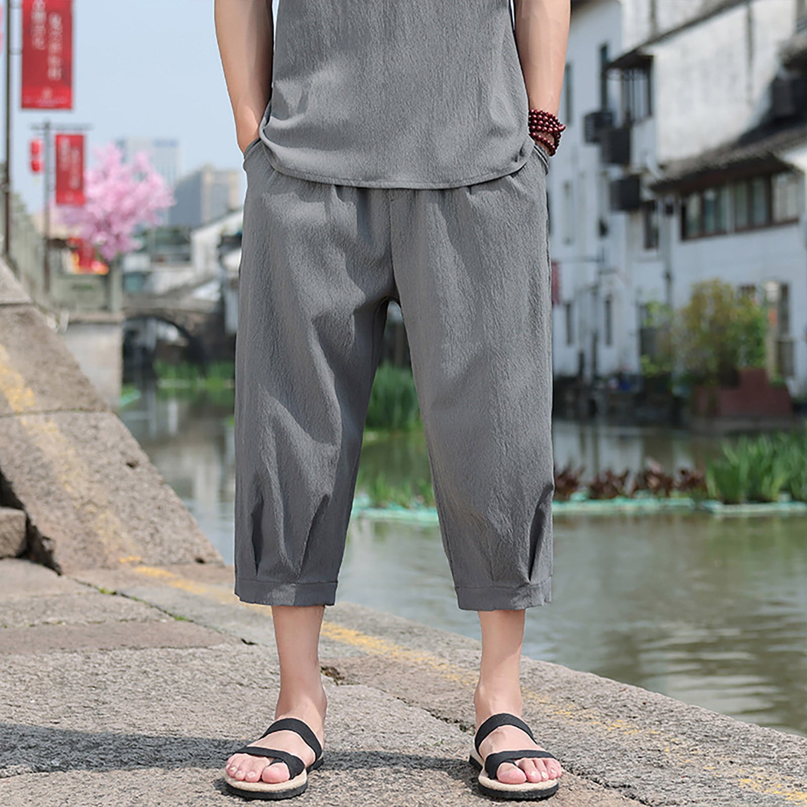 Men's Cotton Linen Casual Cropped Pants with Drawstring Waist, Loose ...