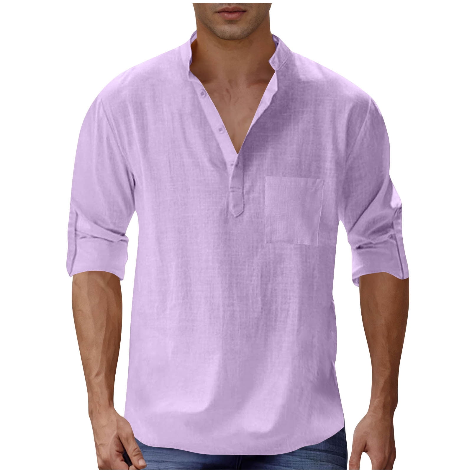 Men's Cotton-Linen Henley Shirt – Long Sleeve Mock Neck with Pocket ...