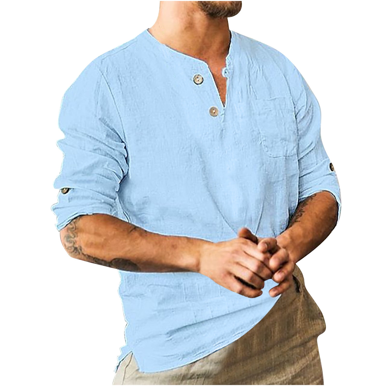 Men's Cotton Linen Henley Shirt Mens Casual 3/4 Sleeve Cotton Linen ...