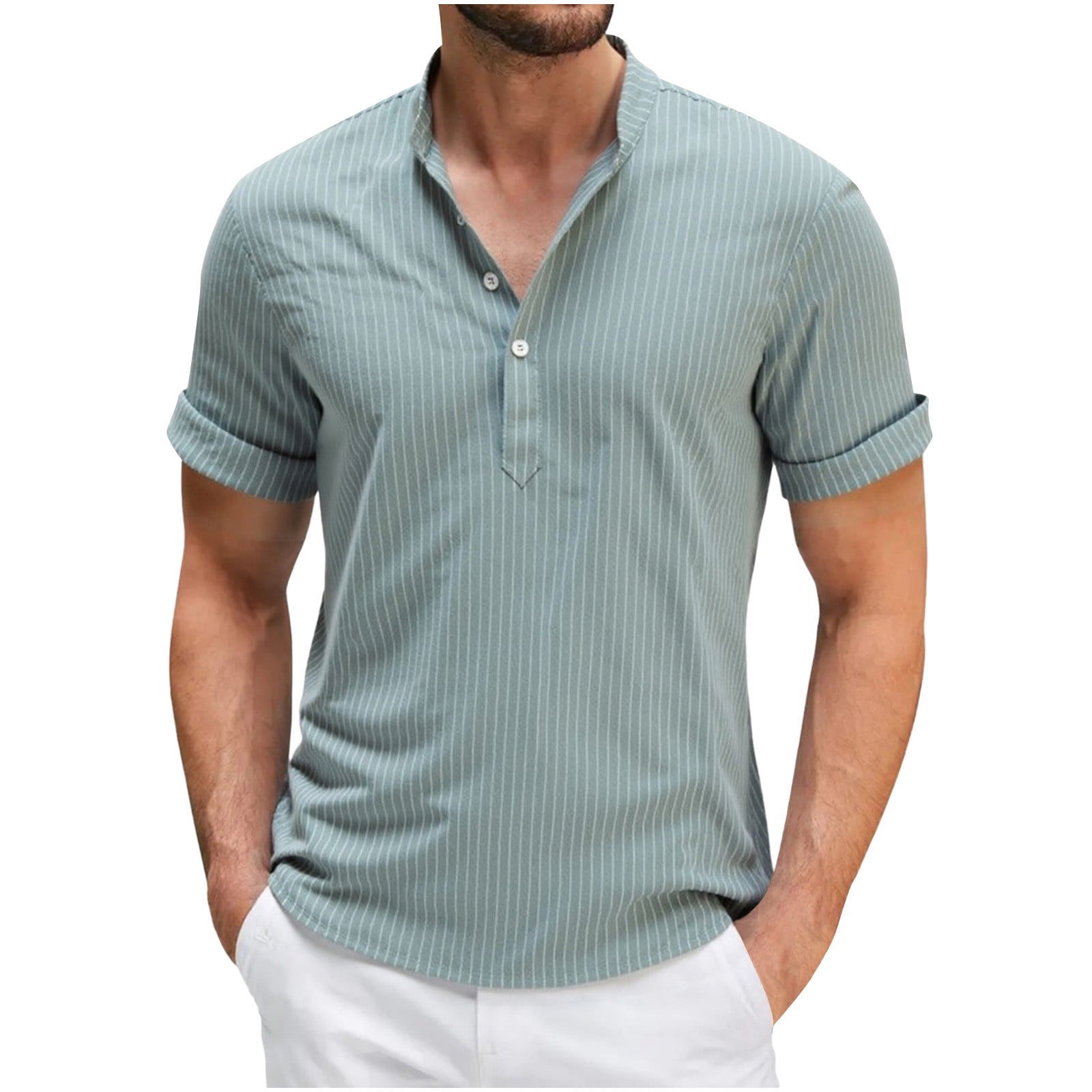 Men's Cotton Linen Henley Shirt Summer Loose Fit Striped Mock Neck ...