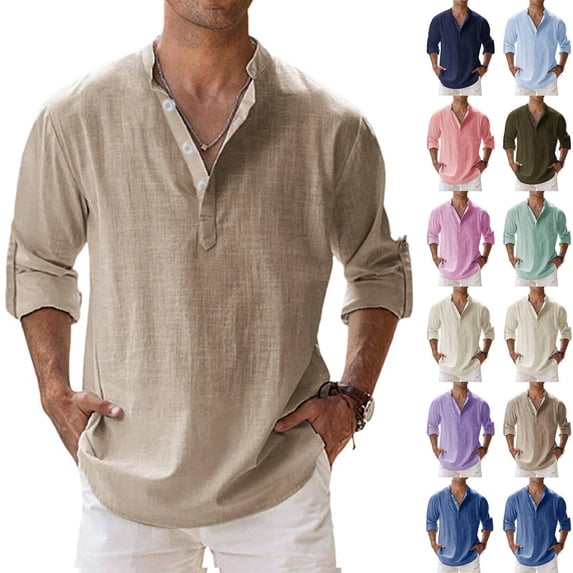 Men's Cotton Linen Henley T-Shirt Long Sleeve Hippie Casual Beach T ...