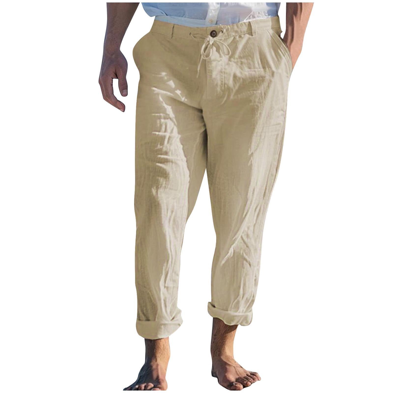 Men's Cotton Linen Pants Elastic Waist Drawstring Casual Trousers ...