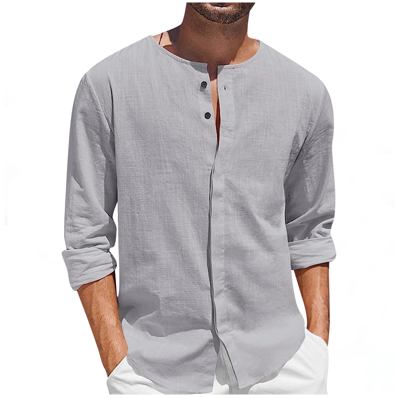 Men's Cotton Linen Shirts Casual Button Down Roll-Up Sleeve Beach ...