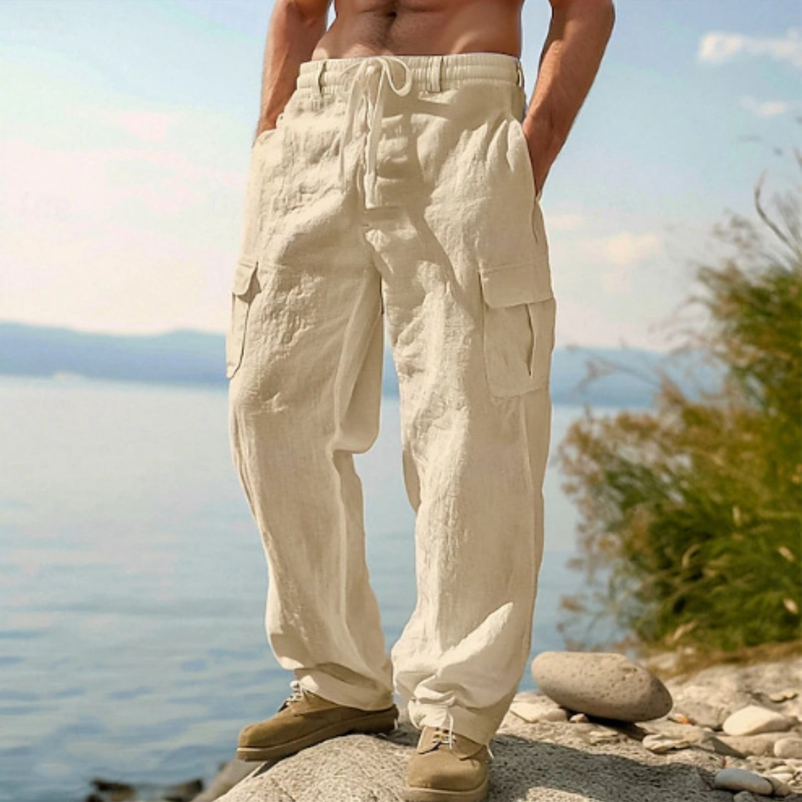 Men's Cotton Linen Workwear Pants with Multiple Pockets - Loose Casual ...