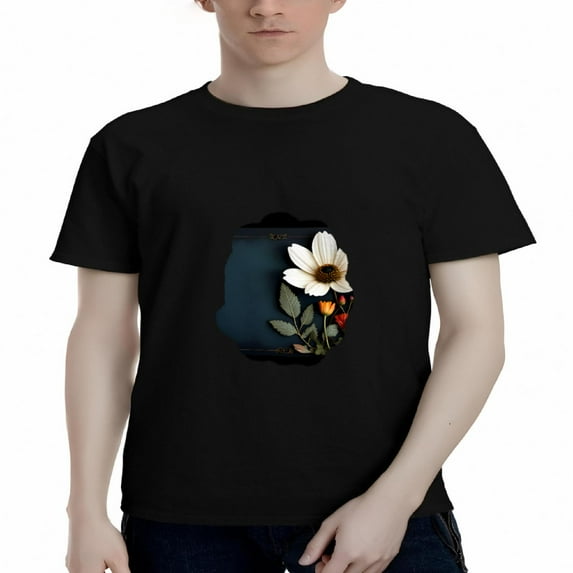 Men's Cotton Short Sleeve T-Shirt - Artistic Floral Design with Dark ...