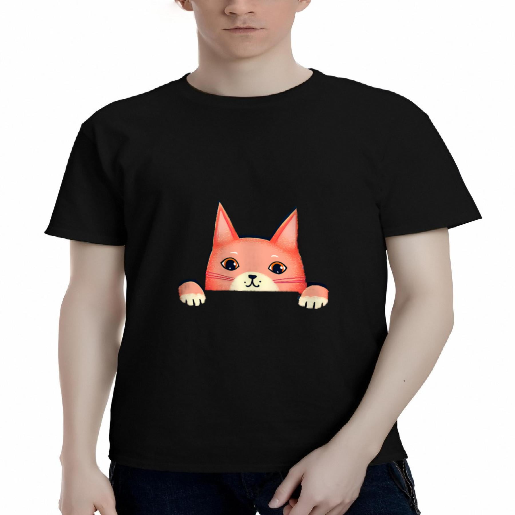 Men's Cotton Short Sleeve T-Shirt - Cute Cartoon Cat Peeking Design ...
