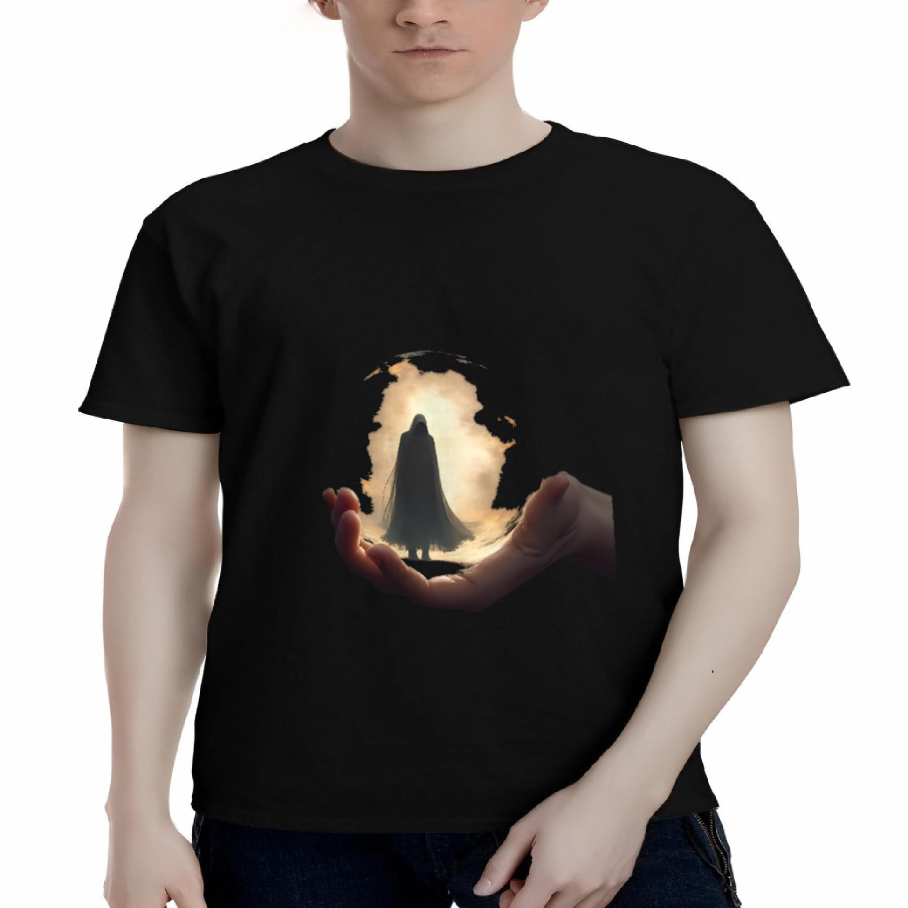 Men's Cotton Short Sleeve T-Shirt - Ethereal Cloaked Figure in Hand ...