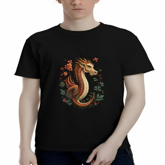 Men's Cotton Short Sleeve T-Shirt - Vibrant Dragon & Floral Pattern Red ...
