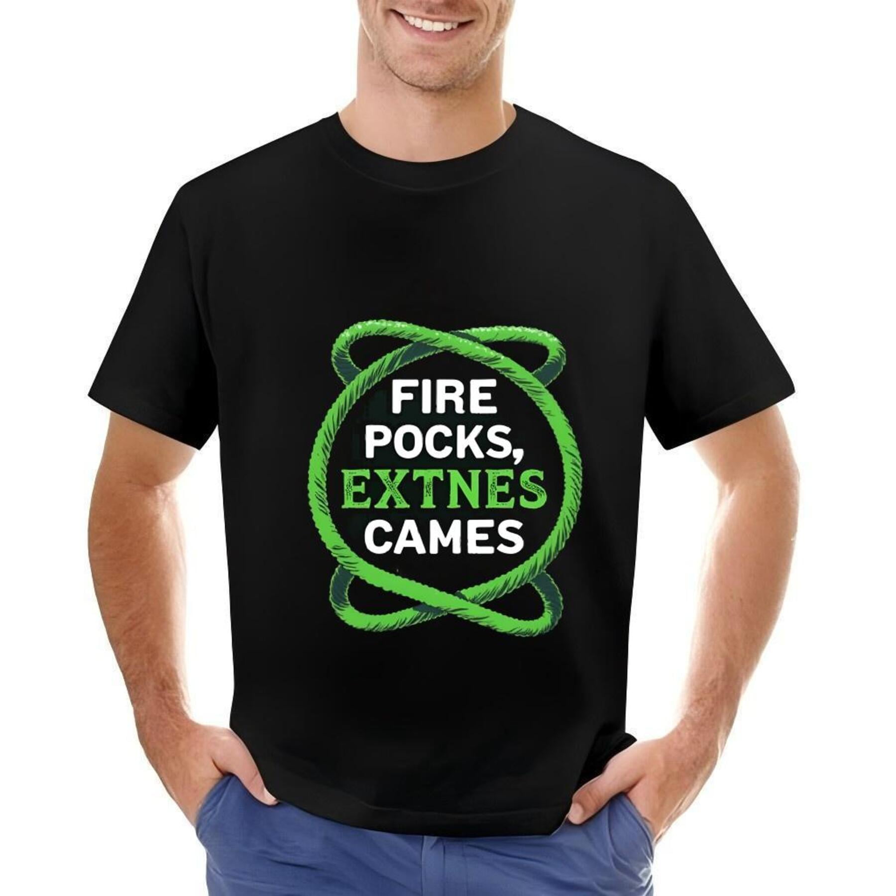 Men's Cotton Short Sleeve T-Shirt with Bold " FIRE POCKS EXTINES CAMES " Design and Green ...