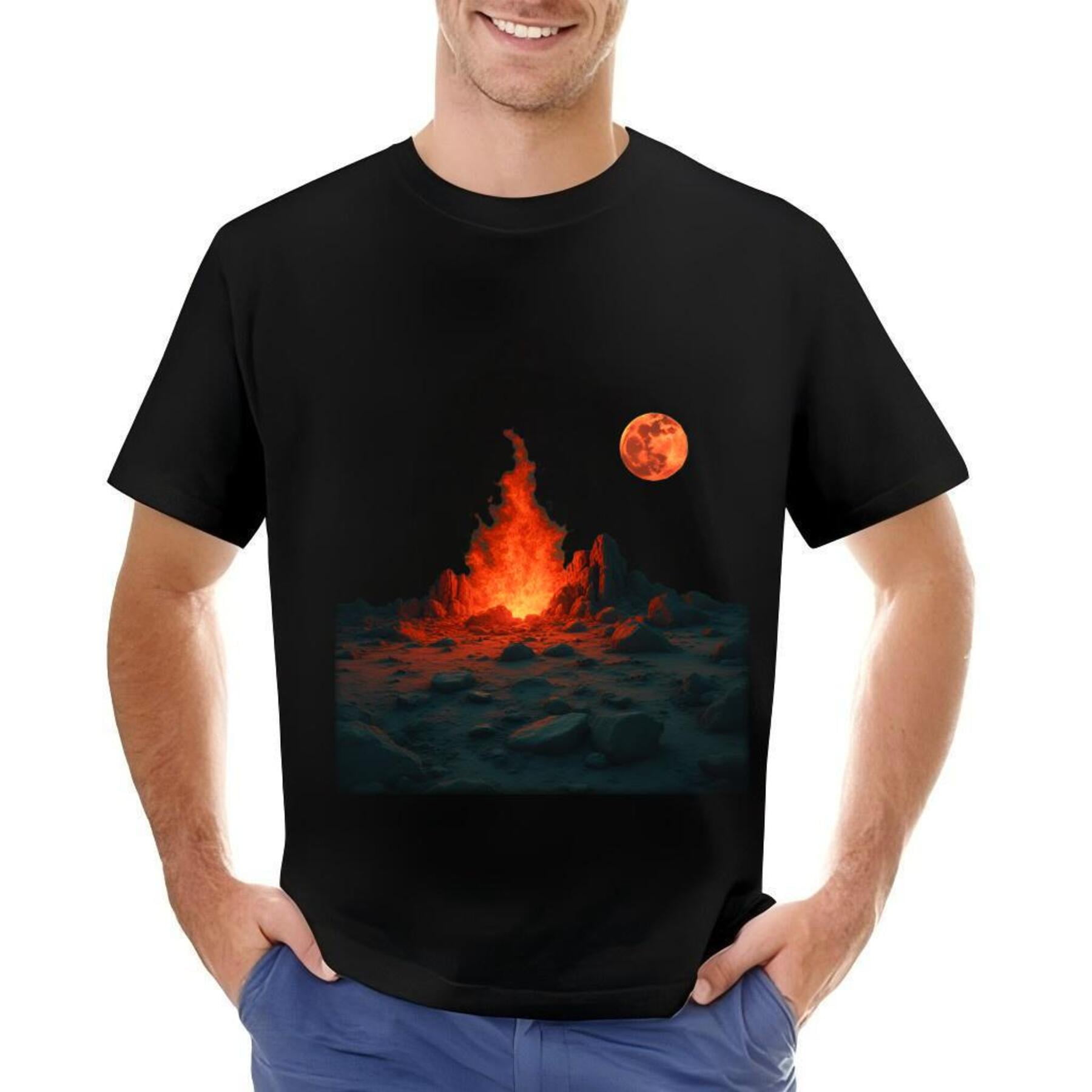 Men's Cotton Short Sleeve T-Shirt with Bold Red Moon and Campfire ...