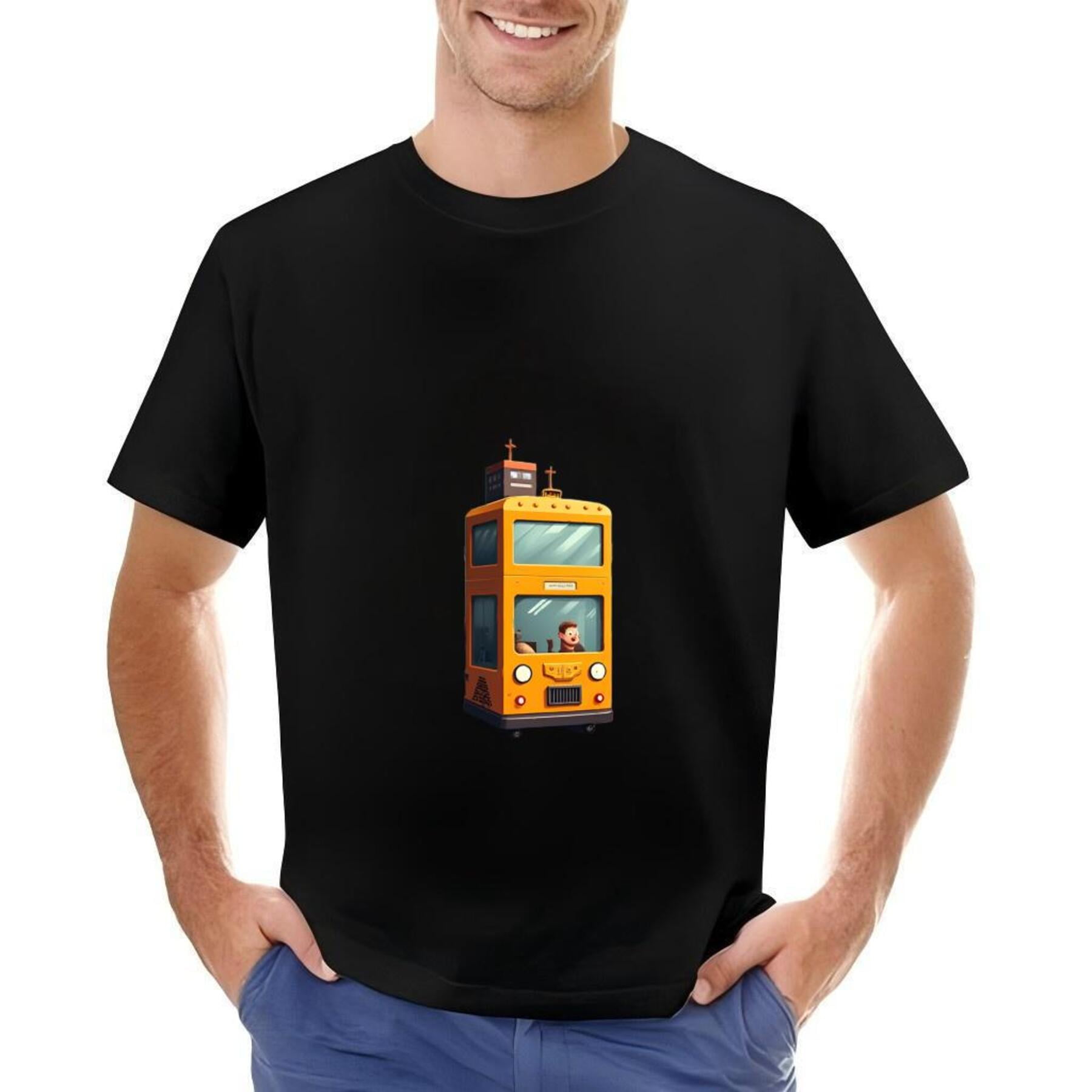 Men's Cotton Short Sleeve T-Shirt with Playful Yellow Double - Decker ...