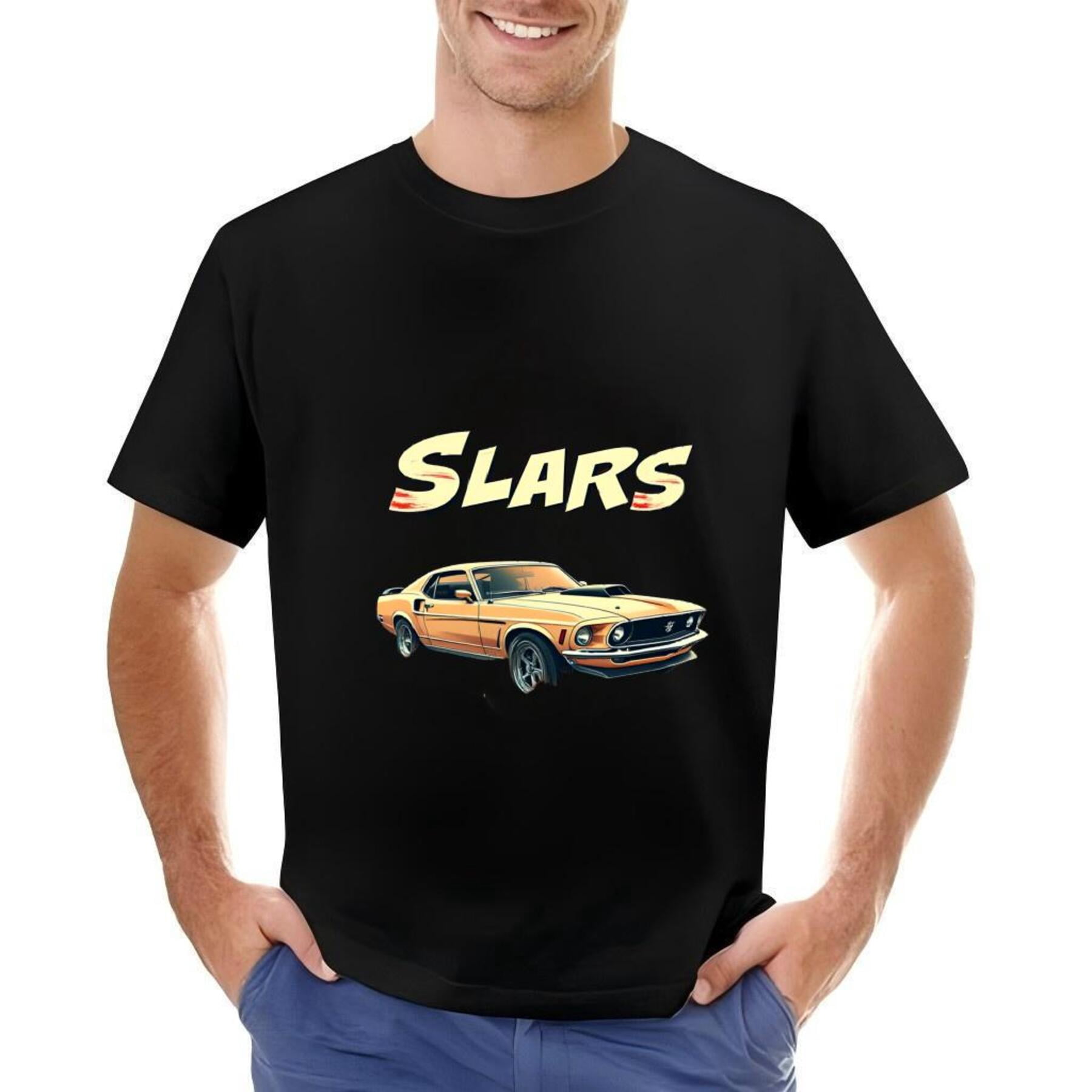 Men's Cotton Short Sleeve T-Shirt with Retro Orange Muscle Car Graphic ...