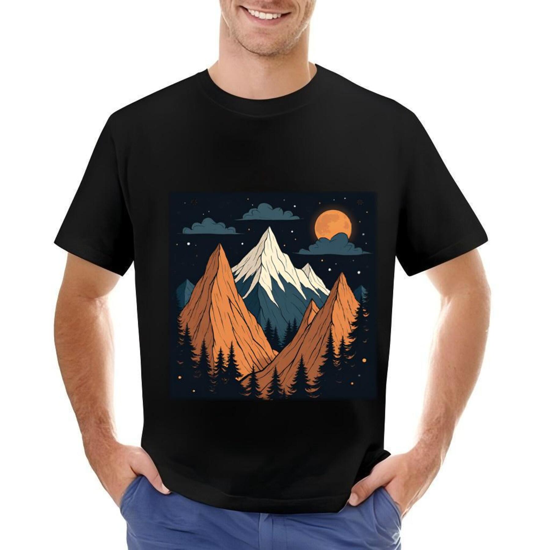 Men's Cotton Short Sleeve T-Shirt with Serene Mountain Landscape Design ...