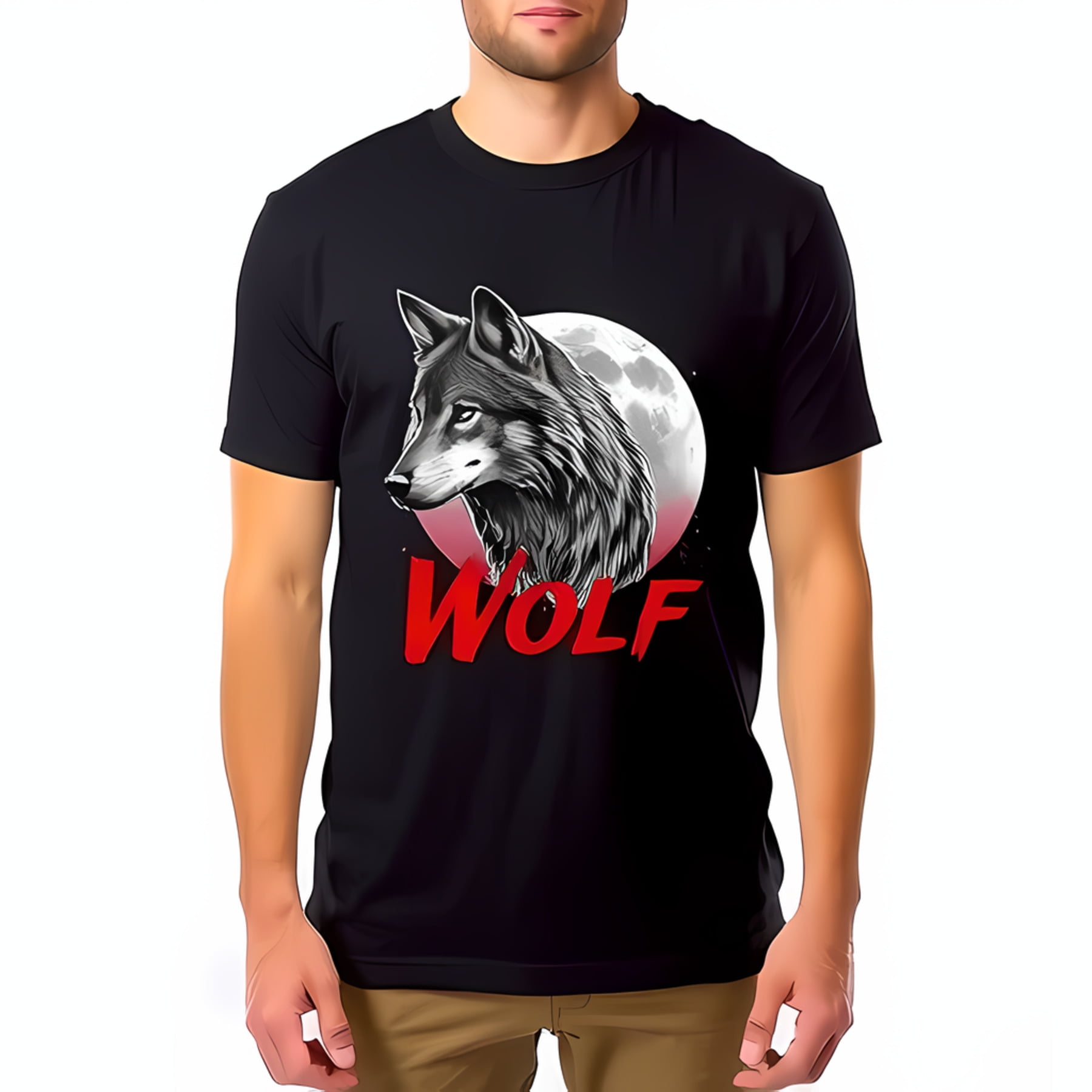 Men's Cotton Short Sleeve T-Shirt with Wolf Head Graphic and Red Full ...