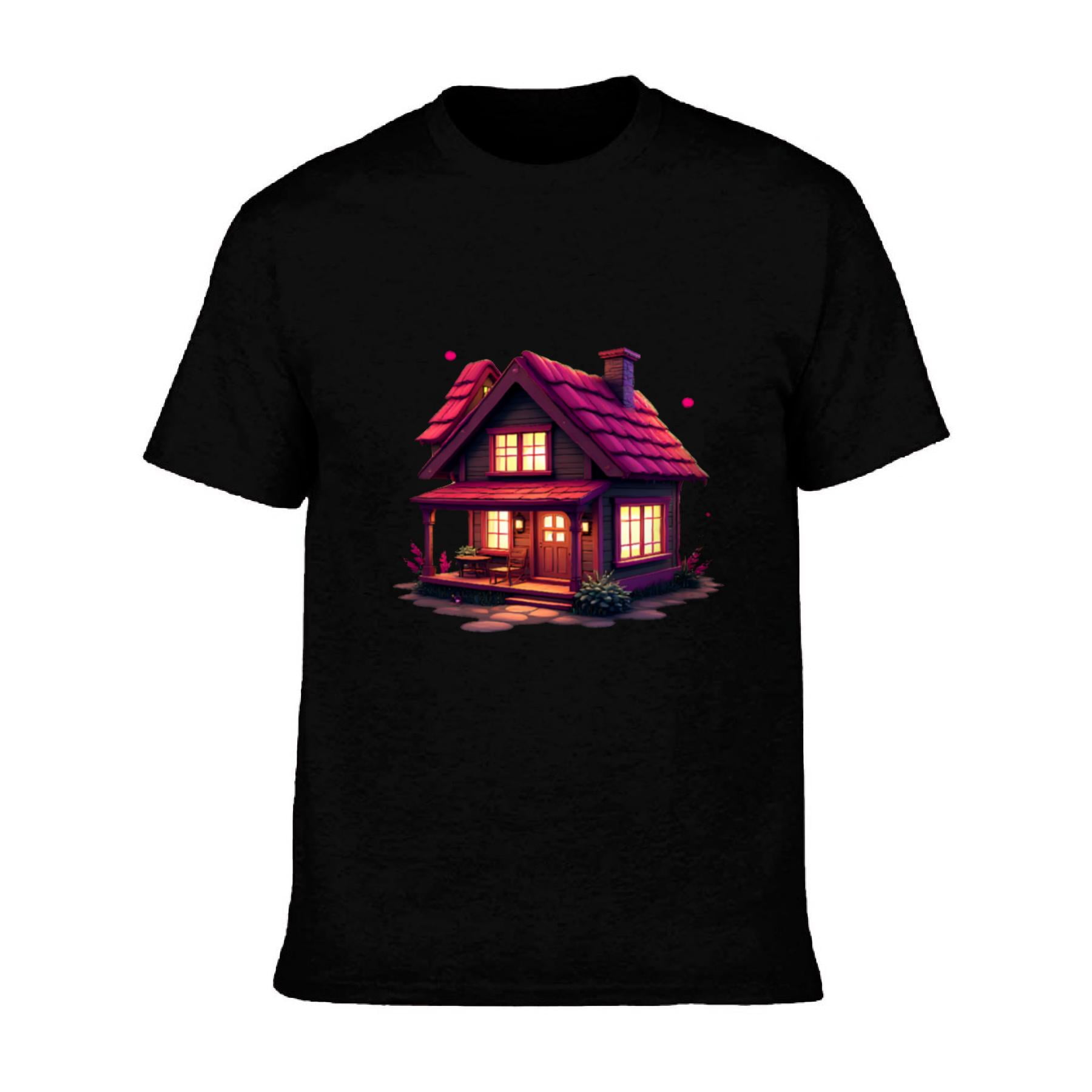 Men's Cotton Short Sleeve T-Shirts - Cozy Night Scene with Warm Glowing ...