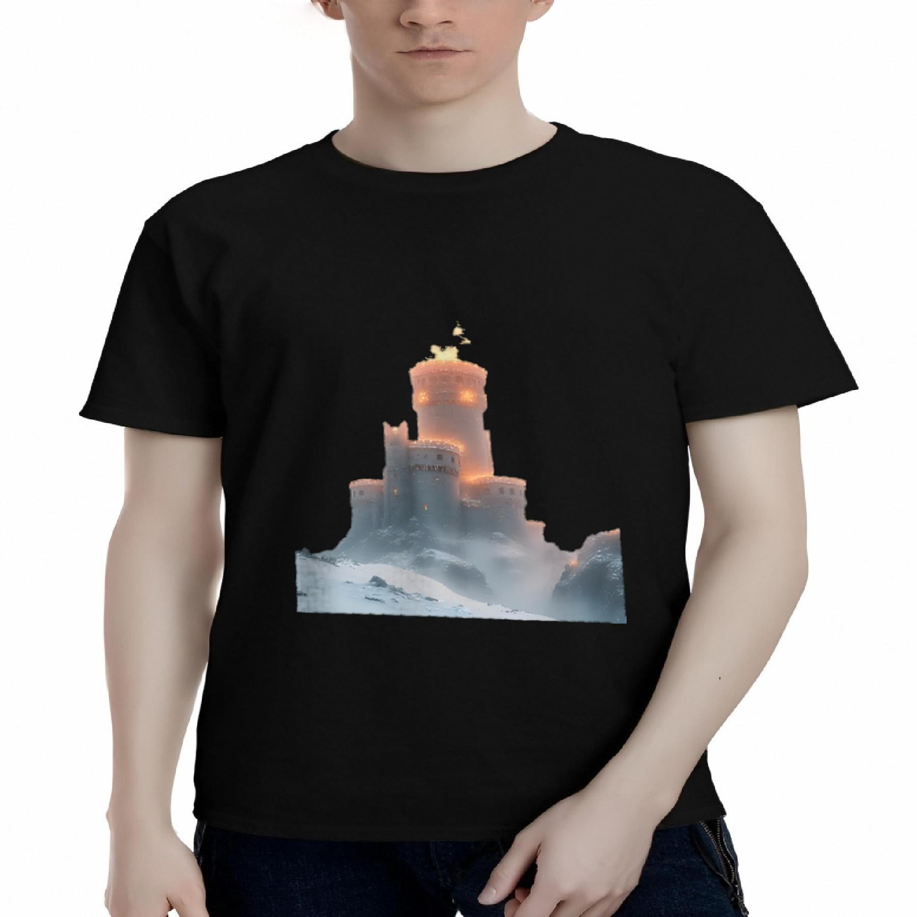 Men's Cotton Short Sleeve T-Shirts - Mystical Castle Glow Design Warm ...