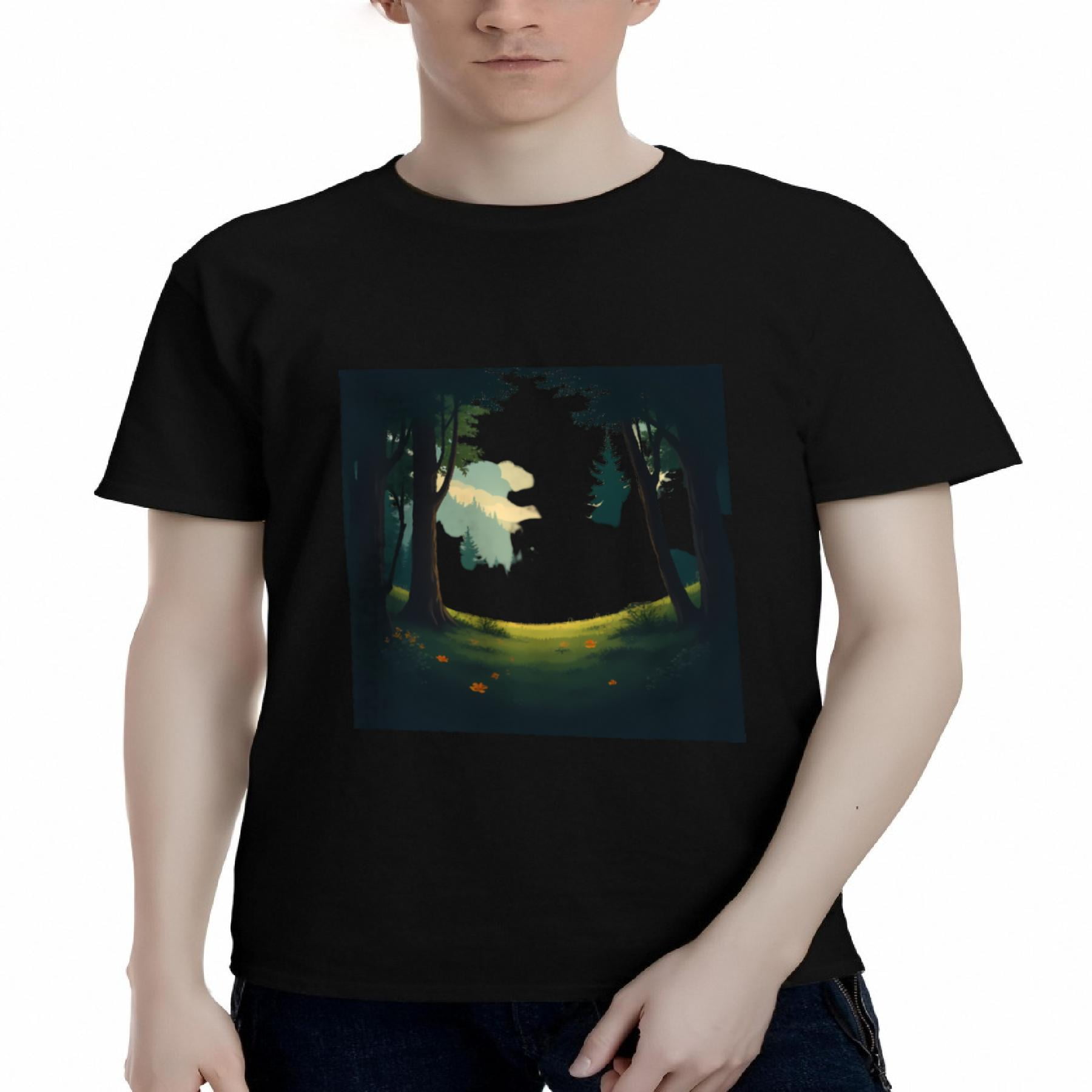 Men's Cotton Short Sleeve T-Shirts - Serene Forest Scene Design with ...