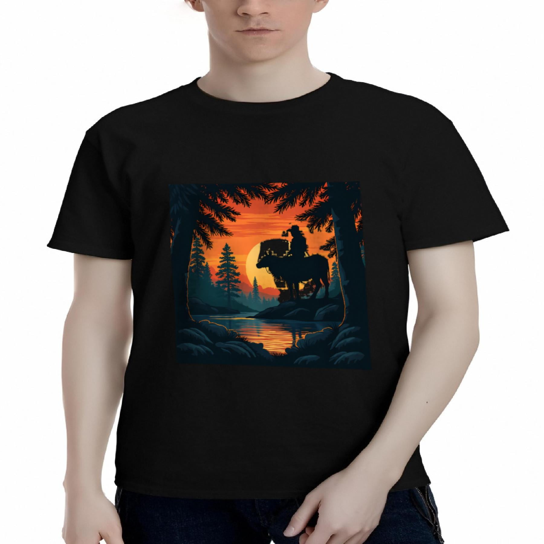 Men's Cotton Short Sleeve T-Shirts - Serene Forest Sunset Design Nature ...