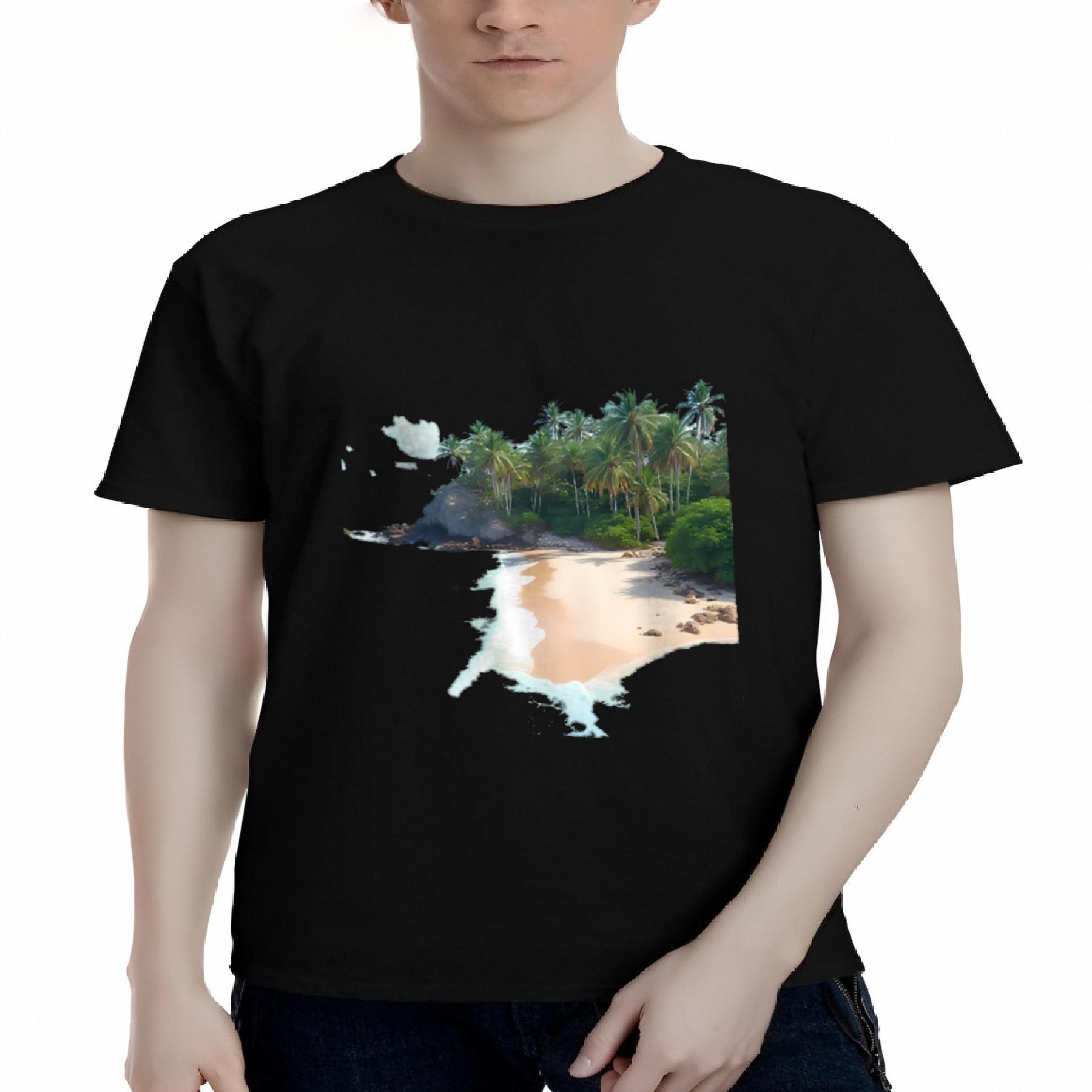 Men's Cotton Short Sleeve T-Shirts - Tropical Beach Scene Print Palm ...