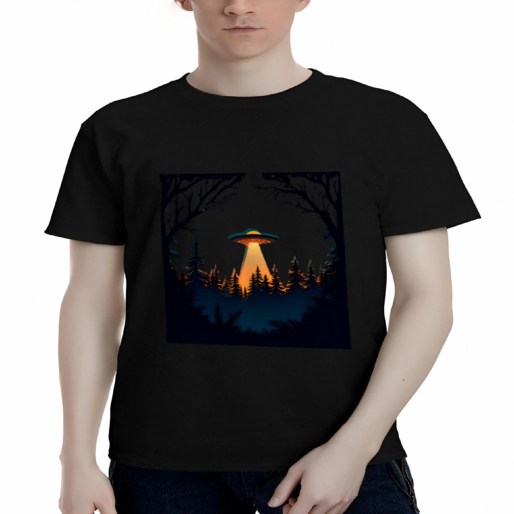 Men's Cotton Short Sleeve T-Shirts - Unique UFO & Forest Design ...