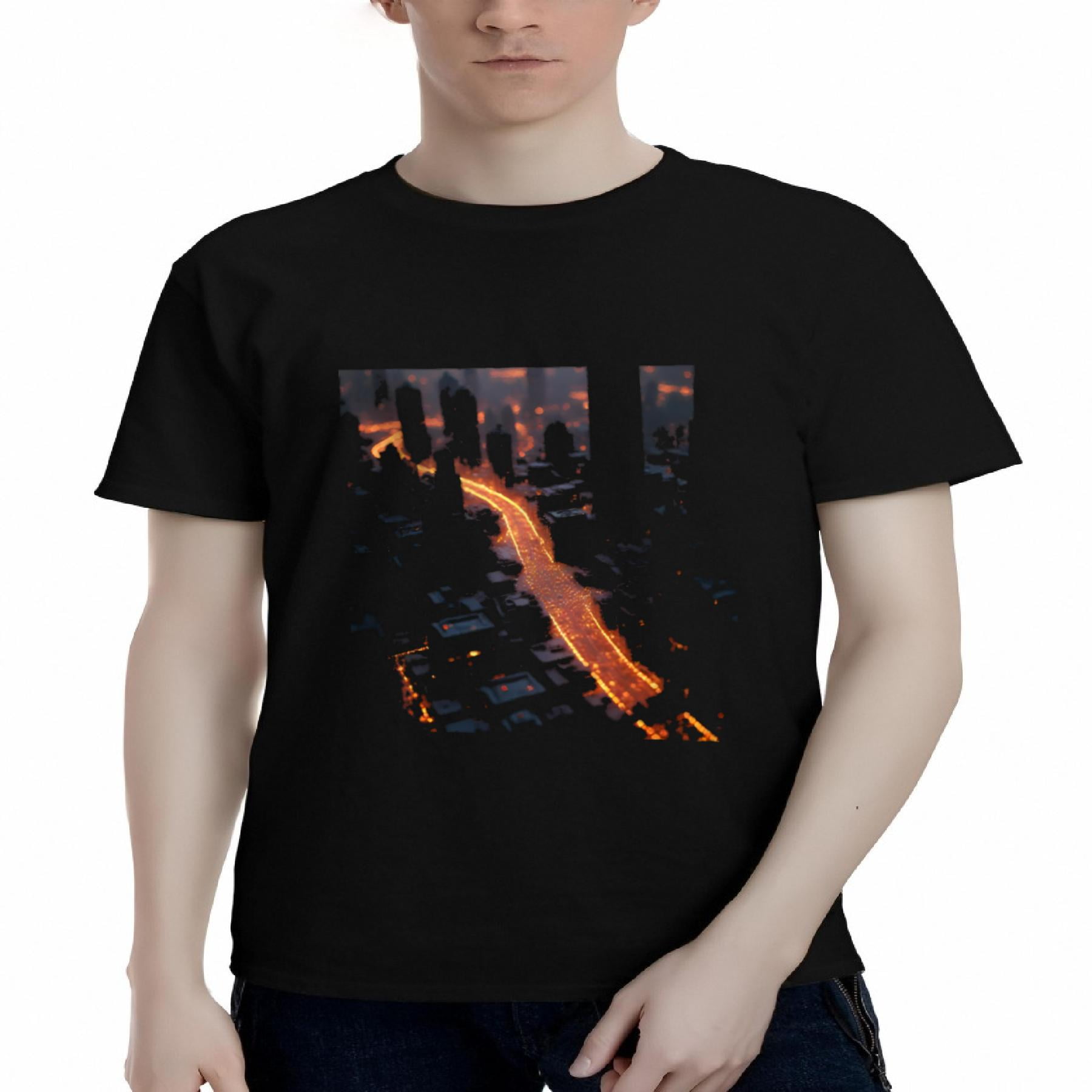 Men's Cotton Short Sleeve T-Shirts - Urban Nightscape Design Curved ...