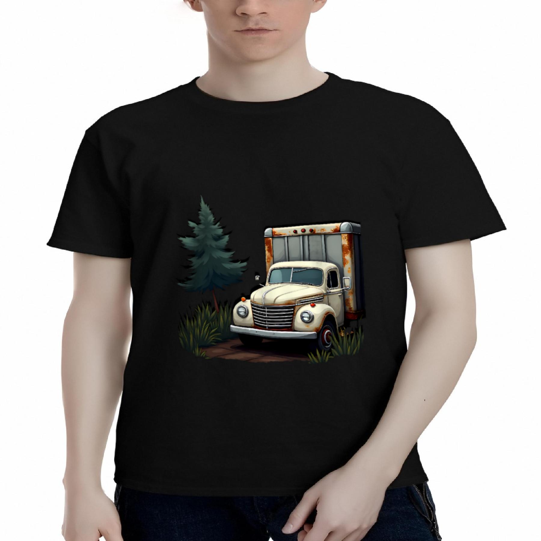 Men's Cotton Short Sleeve T-Shirts - Vintage Truck Design Classic Round ...