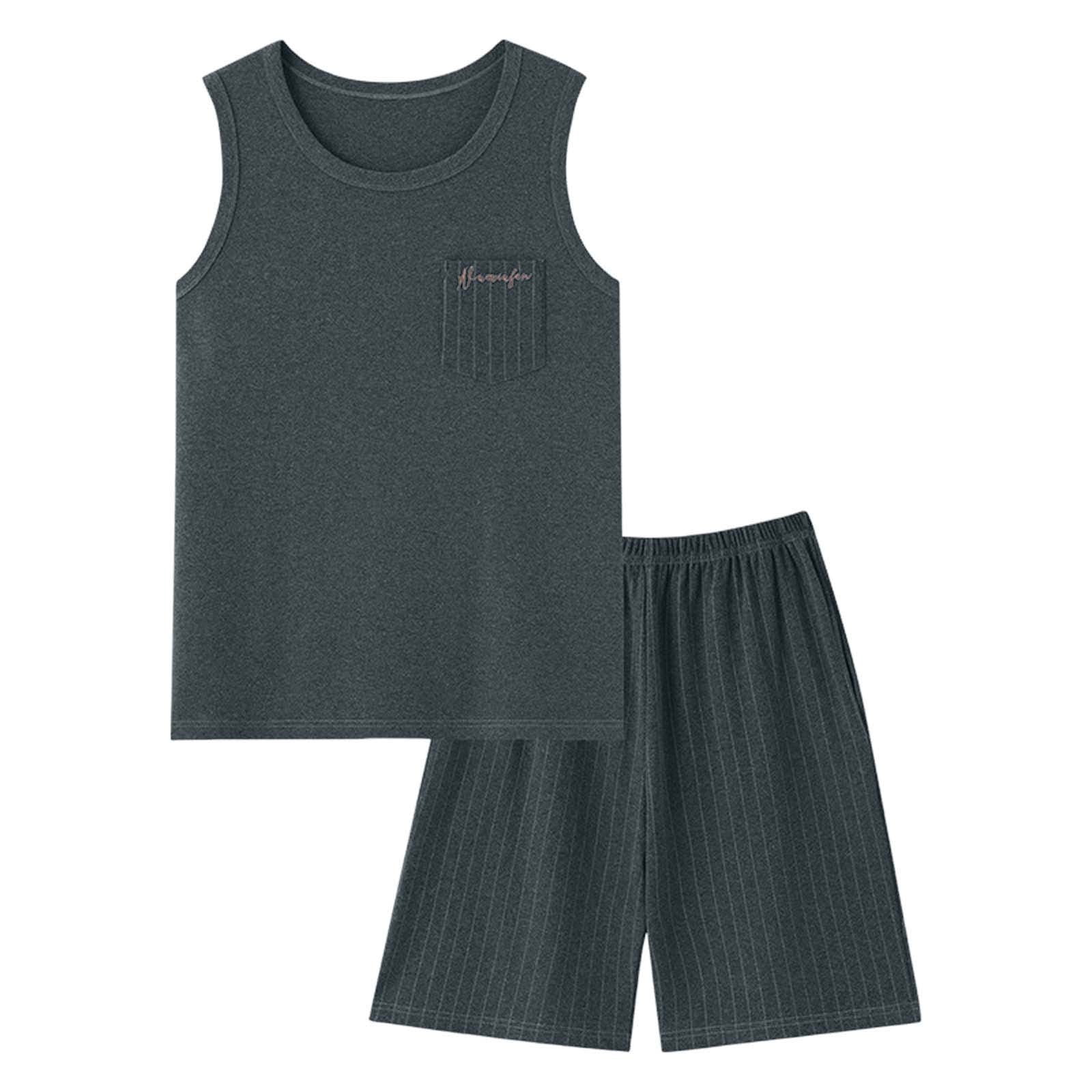 Men’s Cotton Tank & Striped Shorts Set – Lightweight Summer Loungewear with Double-Needle Hems ...