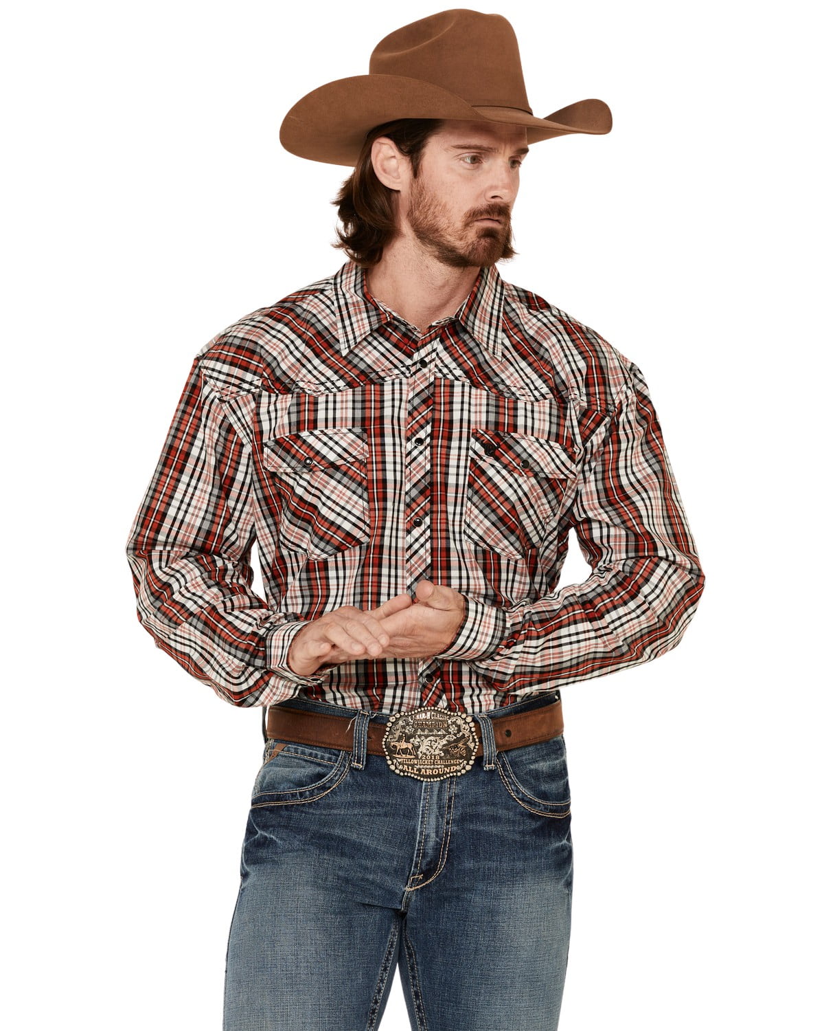 Men's Cowboy Hardware Rancher Plaid Long Sleeve Snap Western Shirt Red ...