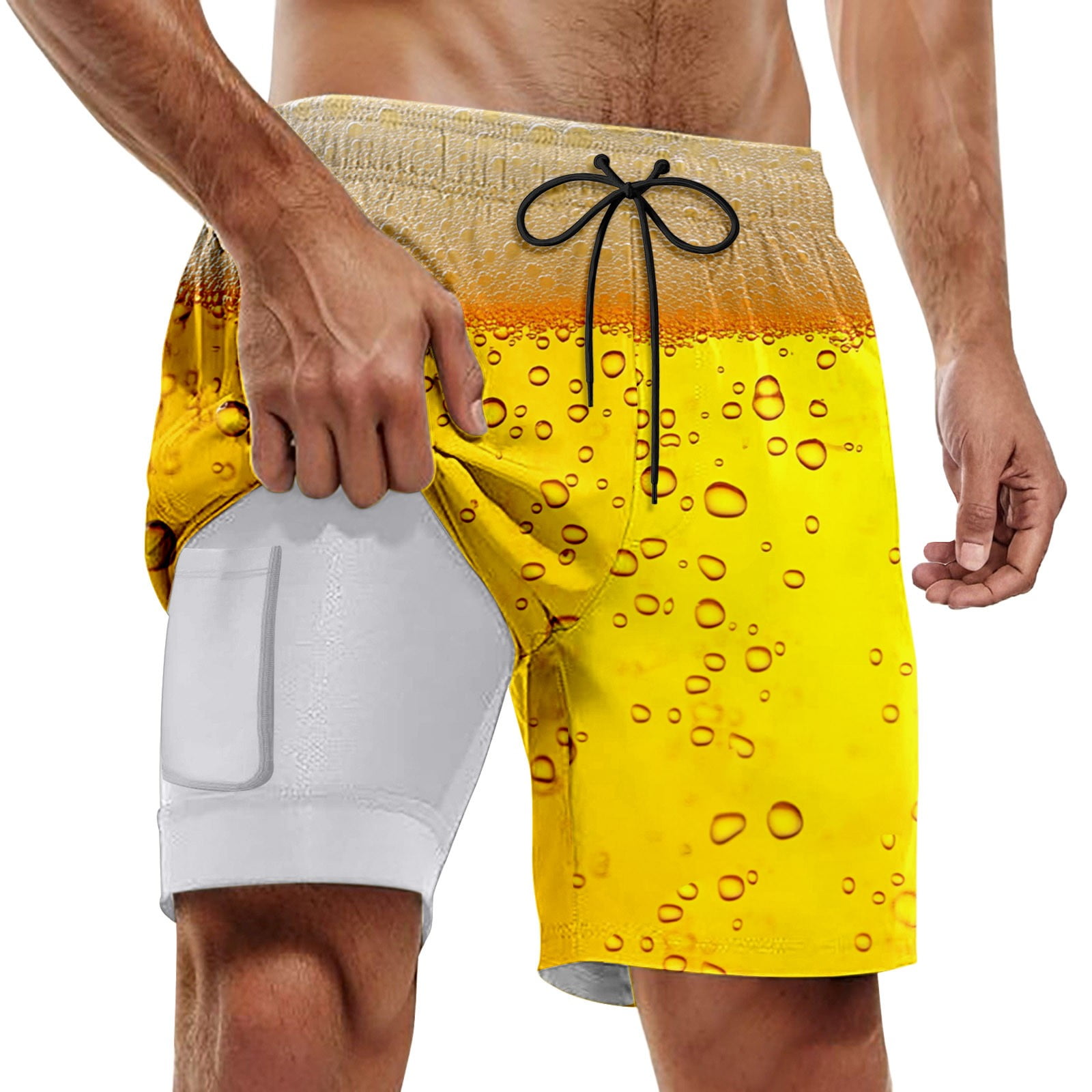 Men's Craft Beer Print Double Layer Beach Shorts with Built-in Liner ...