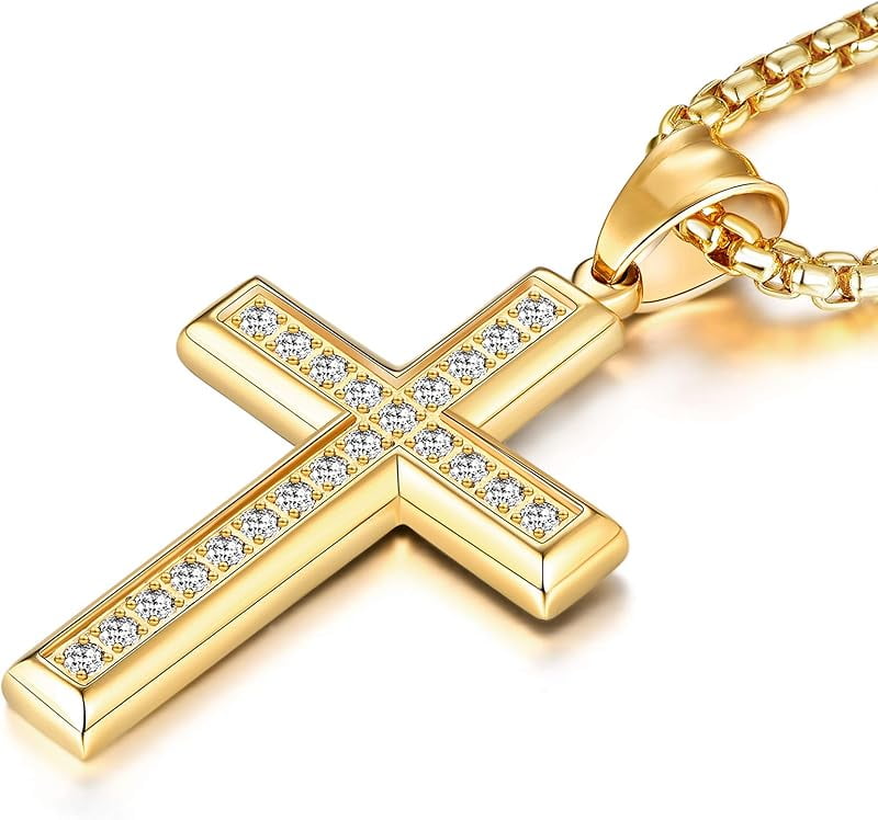 Men's Cross Necklace 316L Stainless Steel Jesus Ankh Pendant Rolo Chain ...
