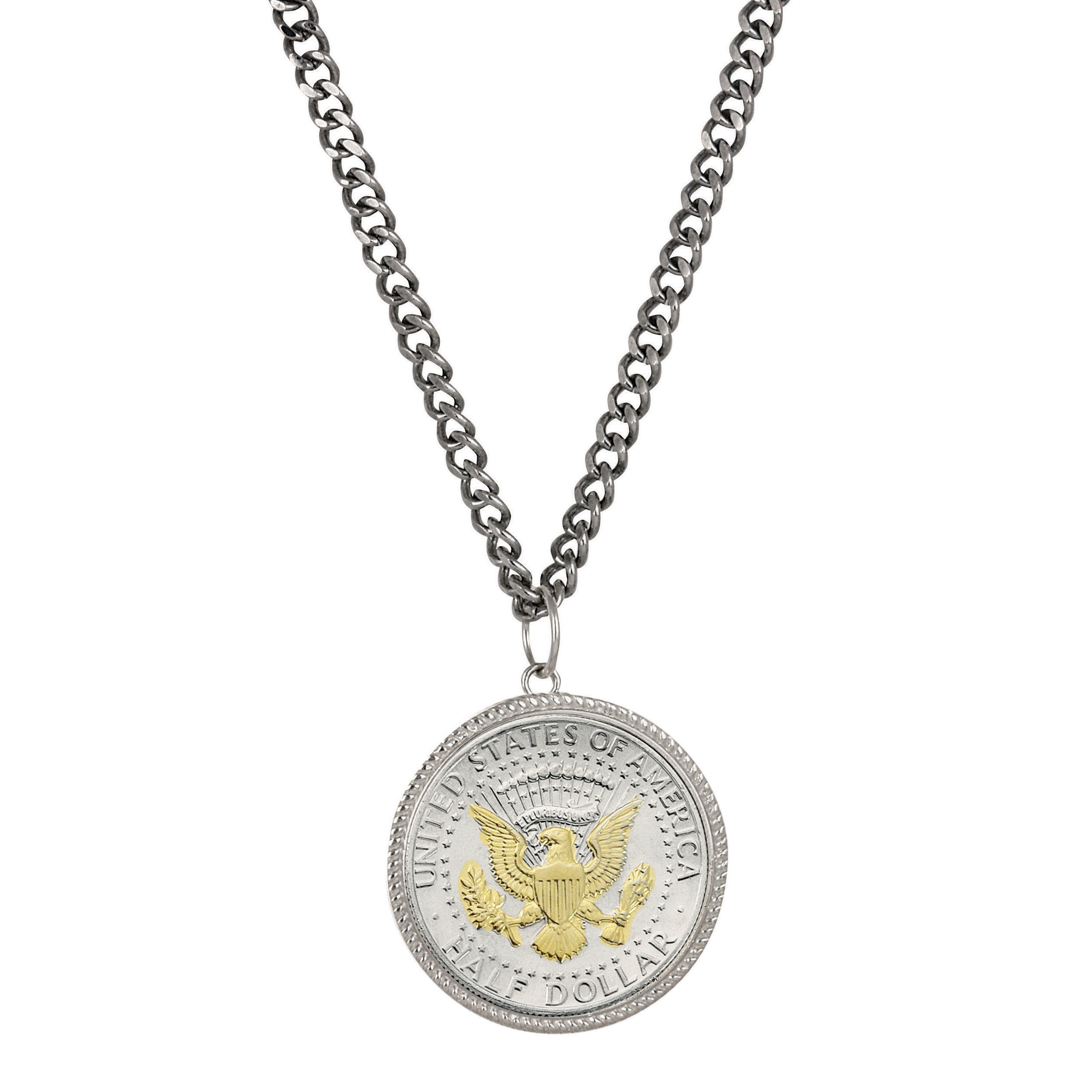 Men's Curb Chain Necklace with JFK Seal Half Dollar Pendant | Genuine ...