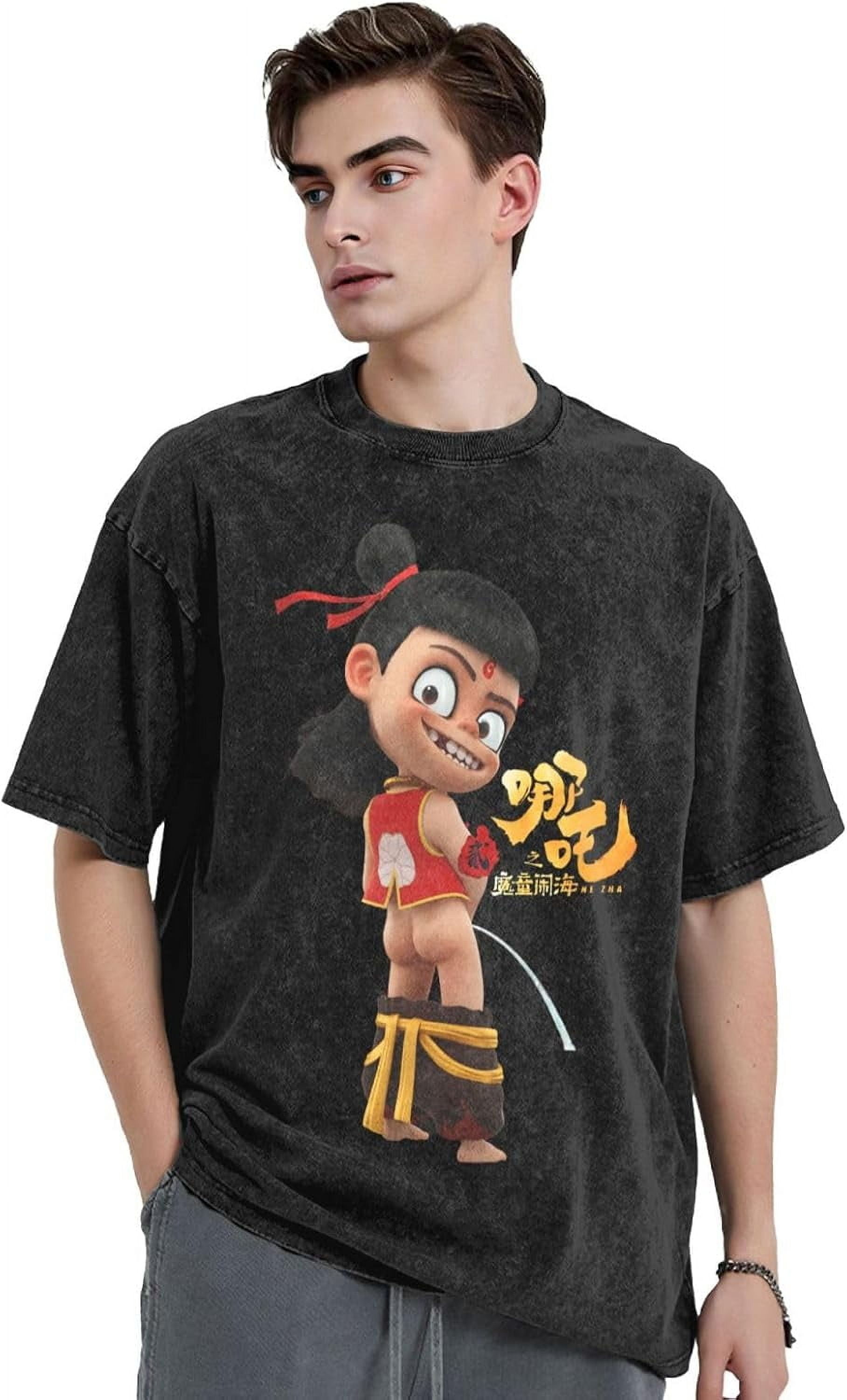 Men's Cute NeZha Vintage Oversized Cotton Graphic Short Sleeve Crew ...