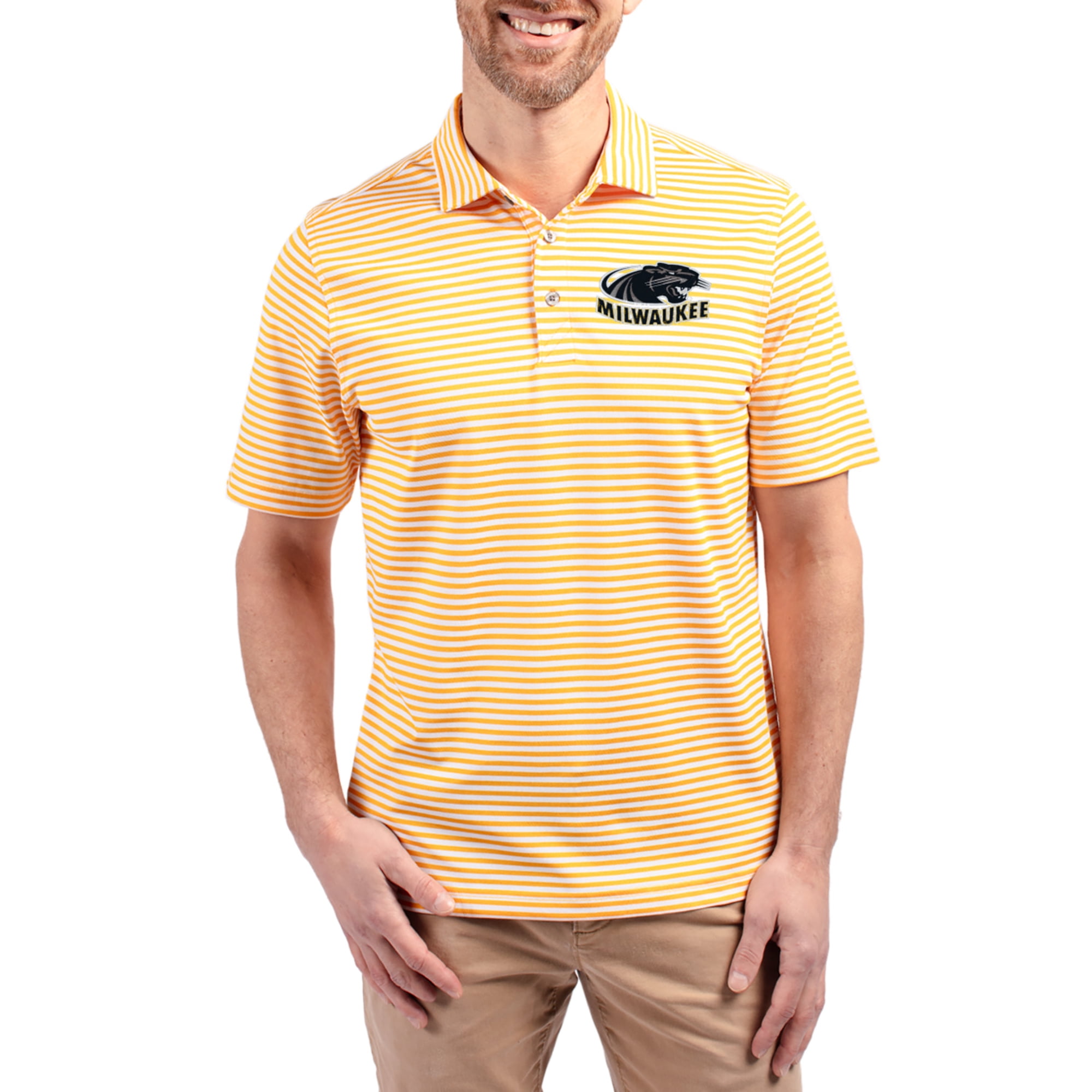 Men's Cutter & Buck Gold Wisconsin-Milwaukee Panthers Virtue Eco Pique ...